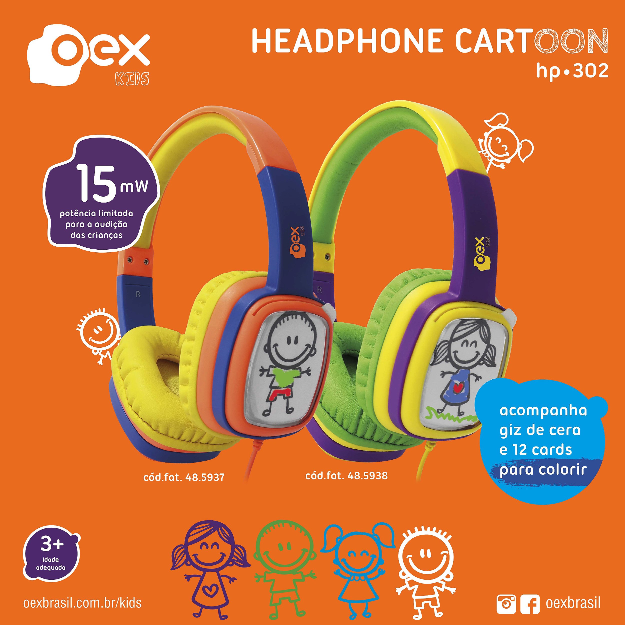 Fone de Ouvido Infantil OEX KIDS Cartoon HP302 85dB - Laranja, Azul ...