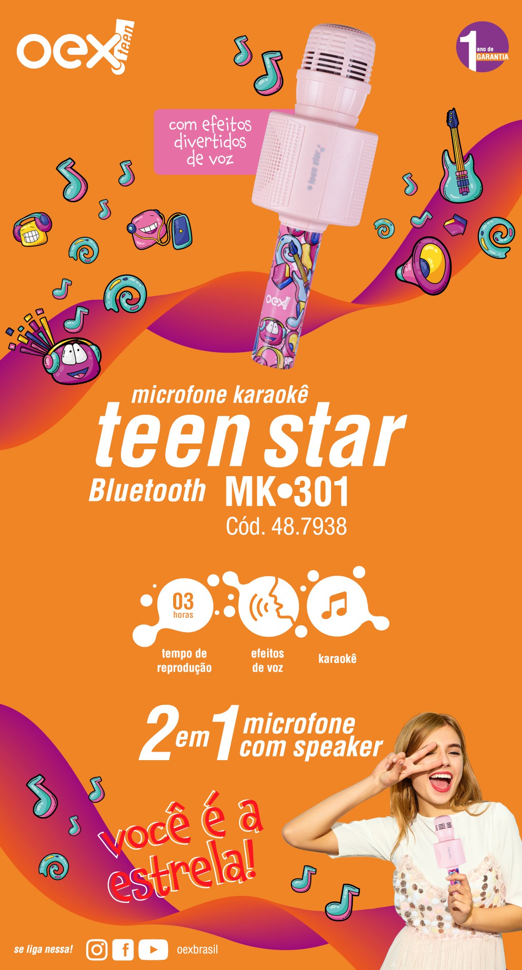 Microfone Bluetooth Com Speaker Teen Star Rosa Mk301 OEX - Baruk Batuk | A Sua Loja de ...