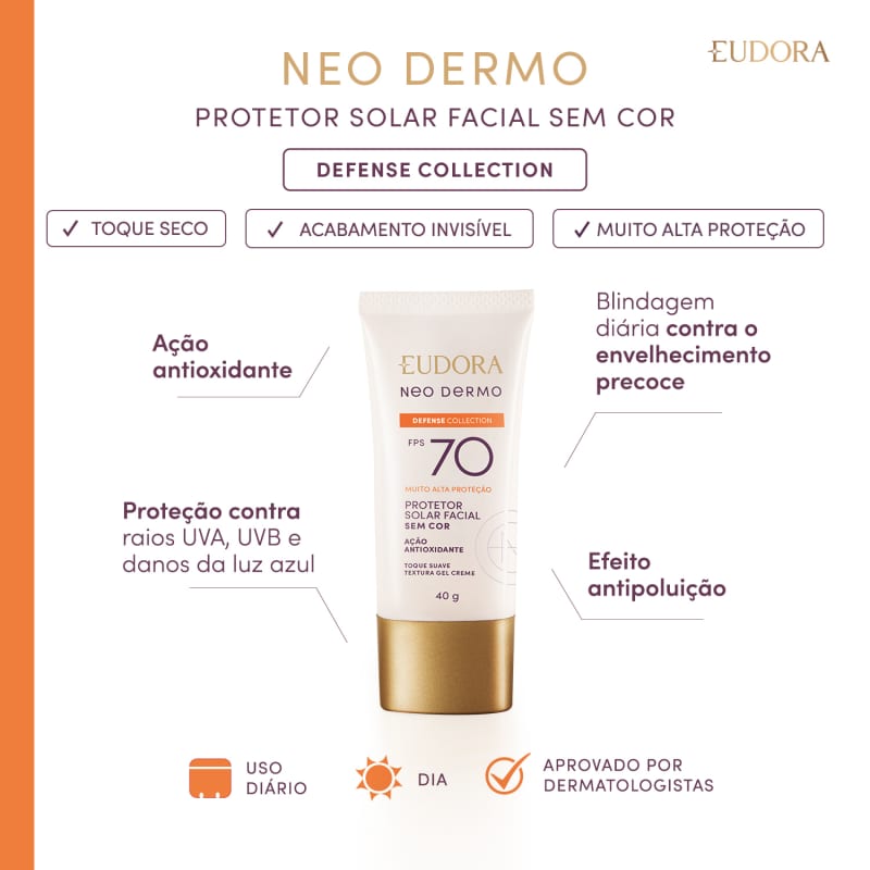 Protetor Solar Facial Eudora Sem Cor Neo Dermo Defense Collection FPS ...