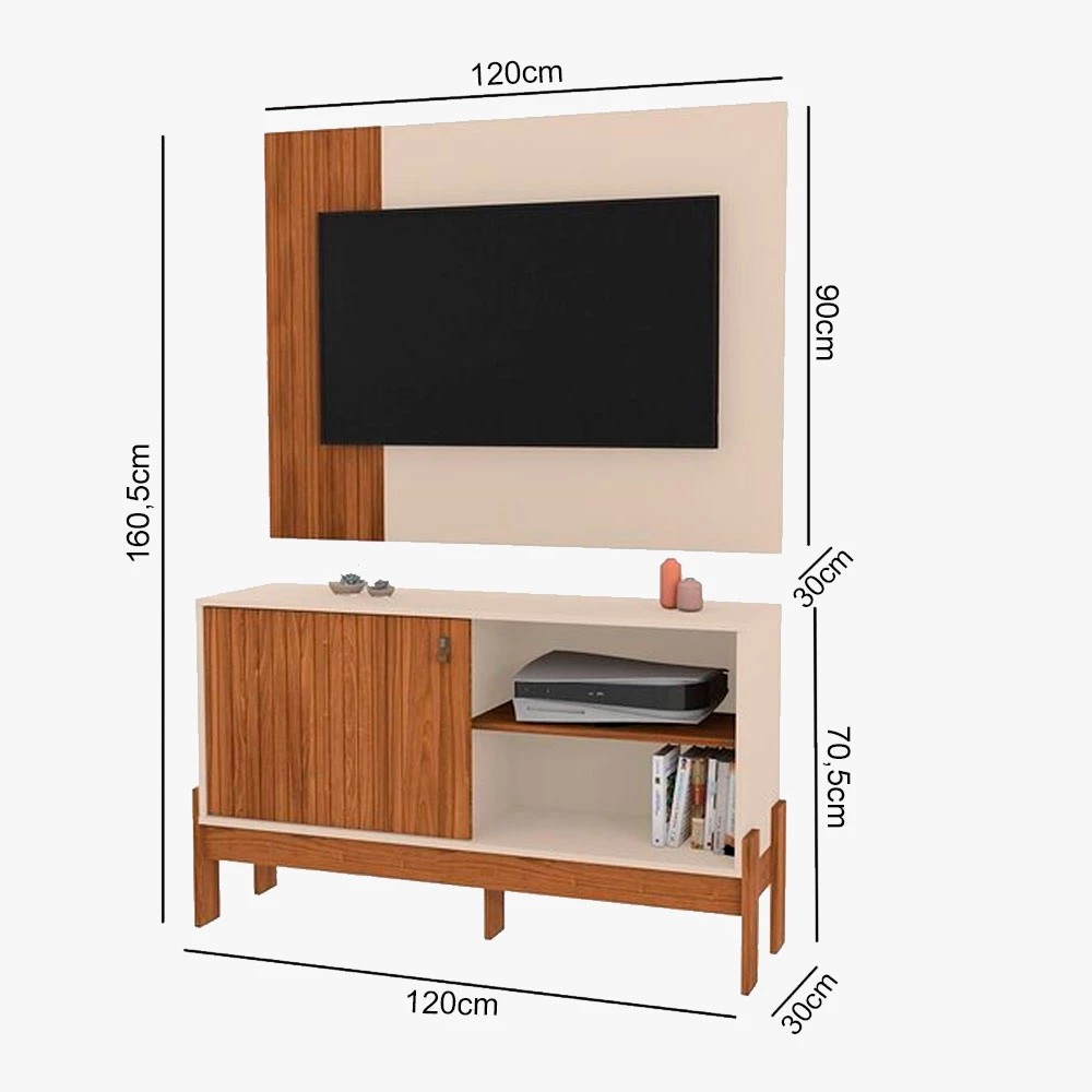COMBO RACK PAINEL MOBLER 1.2 WOOD CINAMOMO MEL/OFF WHITE - Paz Móveis