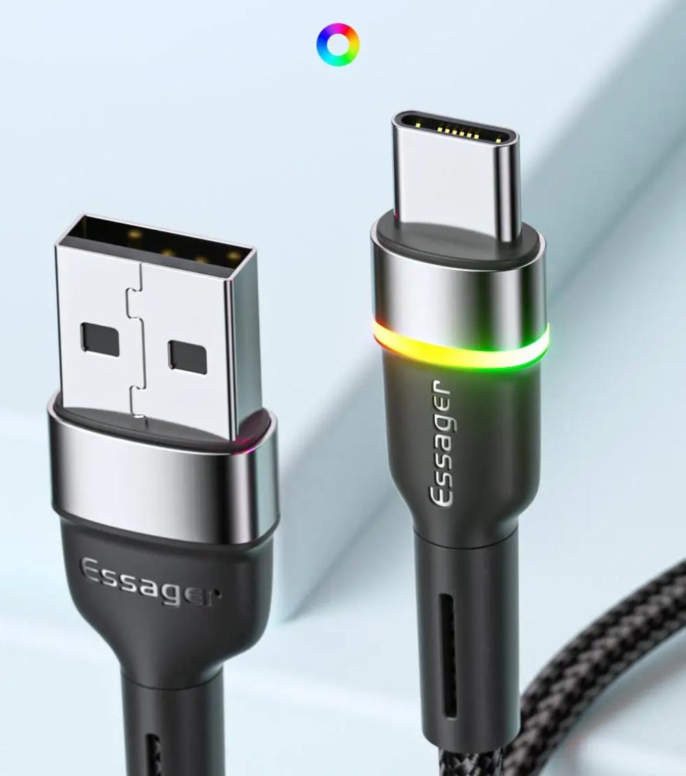 Cabo USB Tipo C Rápido 3A Max de Nylon Com LED RGB Essager - Mamba Games
