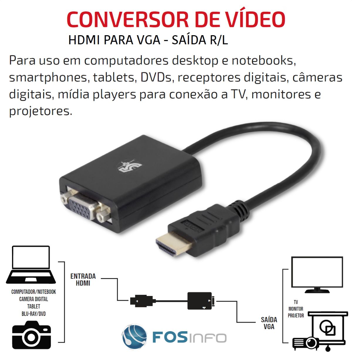 CABO ADAPTADOR/CONVERSOR HDMI MACHO P/ VGA FEMEA C/ CABO AUD - Soluções ...