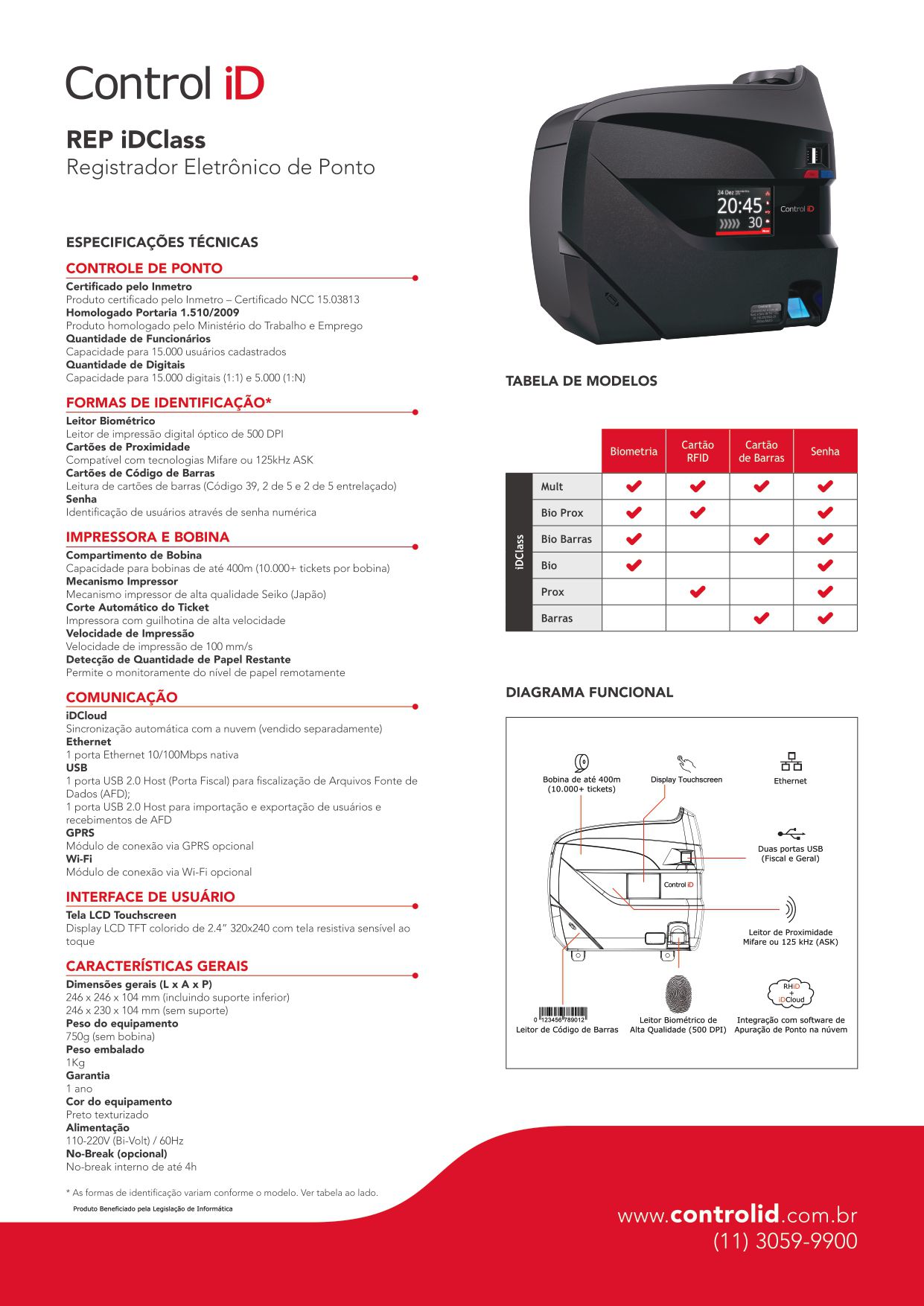 Relógio de Ponto - Registrador de Ponto- Biométrico REP iDClass - Bio Prox ControliD ...