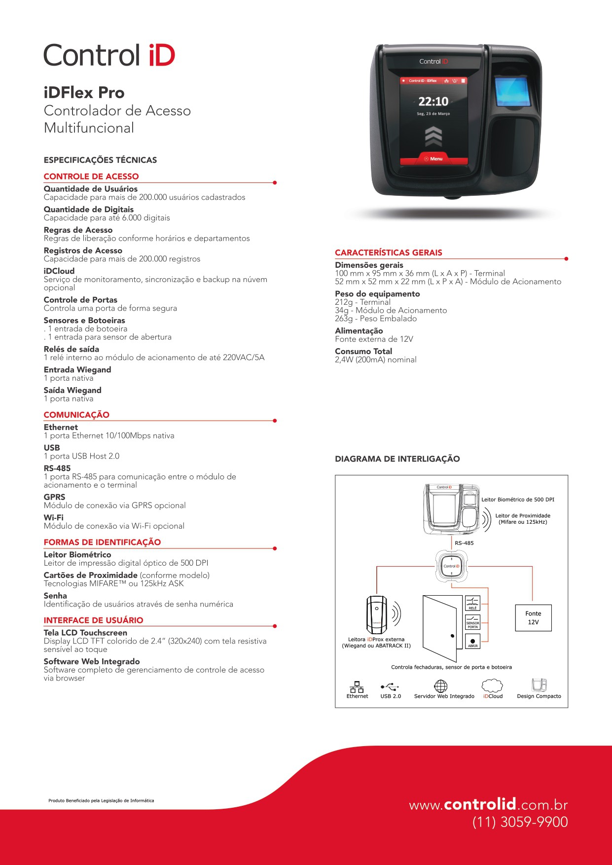 Controlador de Acesso - iDFLEX PRO -Proximidade 13,56 MHz + Biometria - ID2CONTROL SISTEMAS DE ...