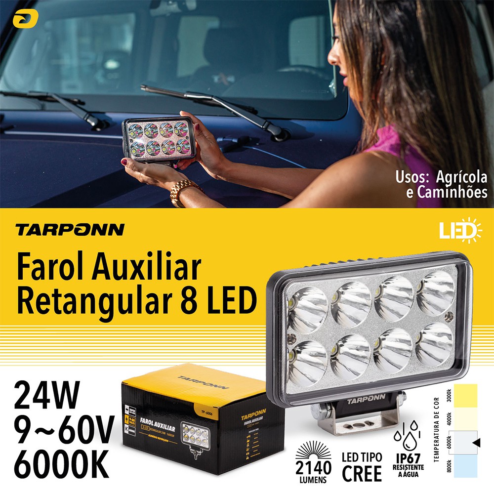Farol de milha off-road retangular 8 LED 24w 9V/60V caminhão ...