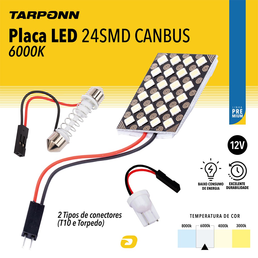 Lâmpada LED interior carro placa 24 LEDs c/ 2 conectores ...