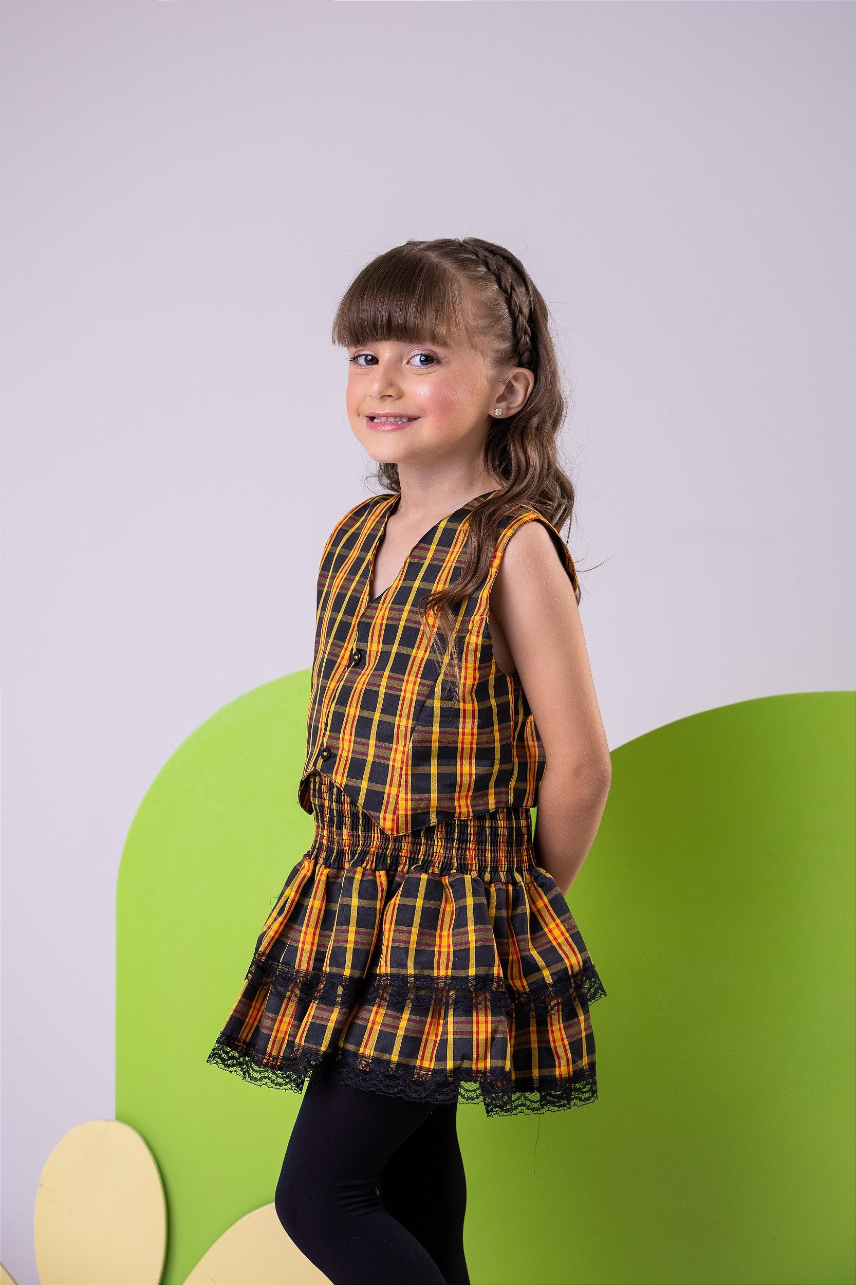 Conjunto Junino Miss Cherry Melissa Xadrez Amarelo - BELLI KIDS ATACADO