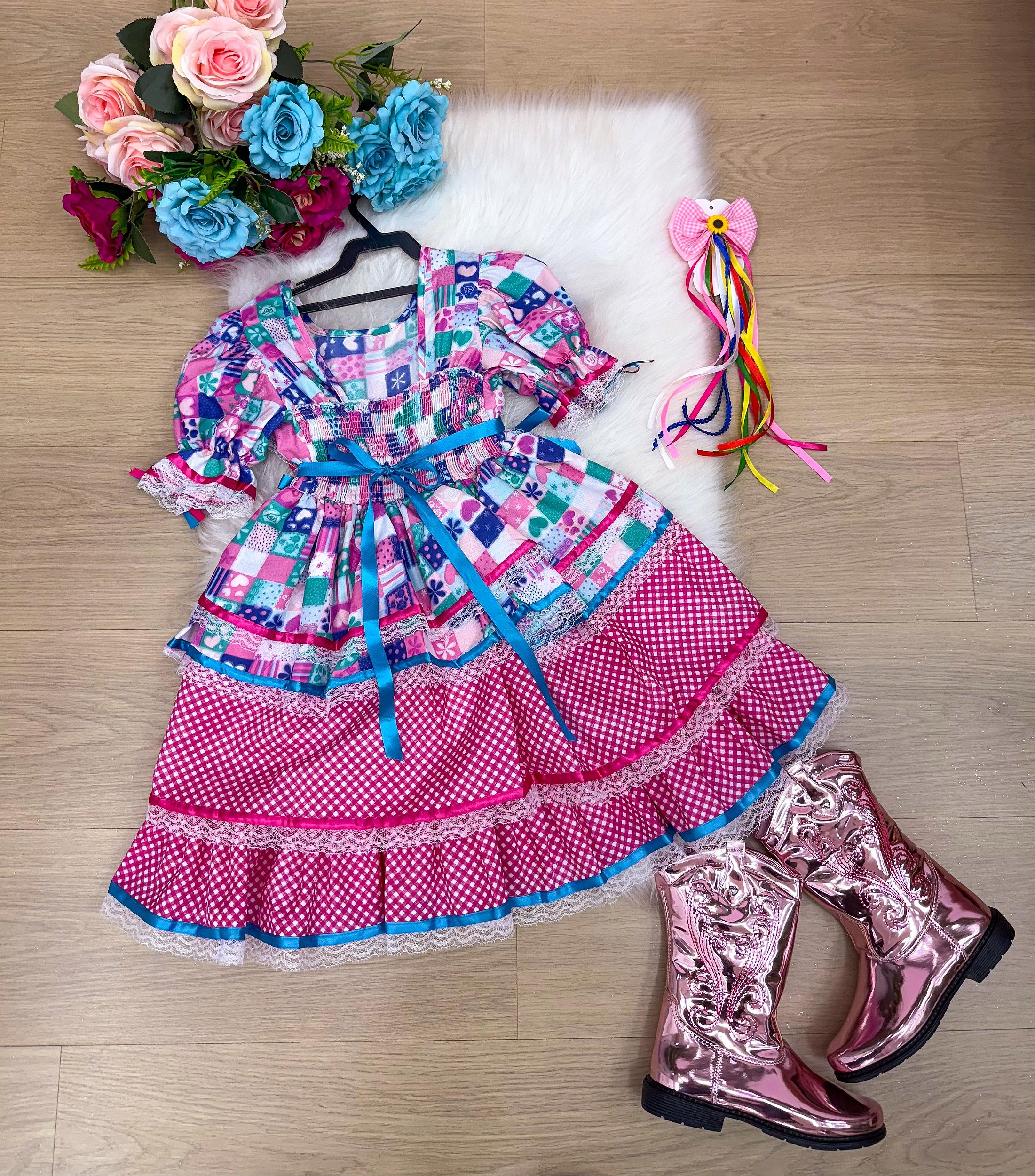 Vestido Bella Child Junino Celebração Caipira Pink - BELLI KIDS ATACADO