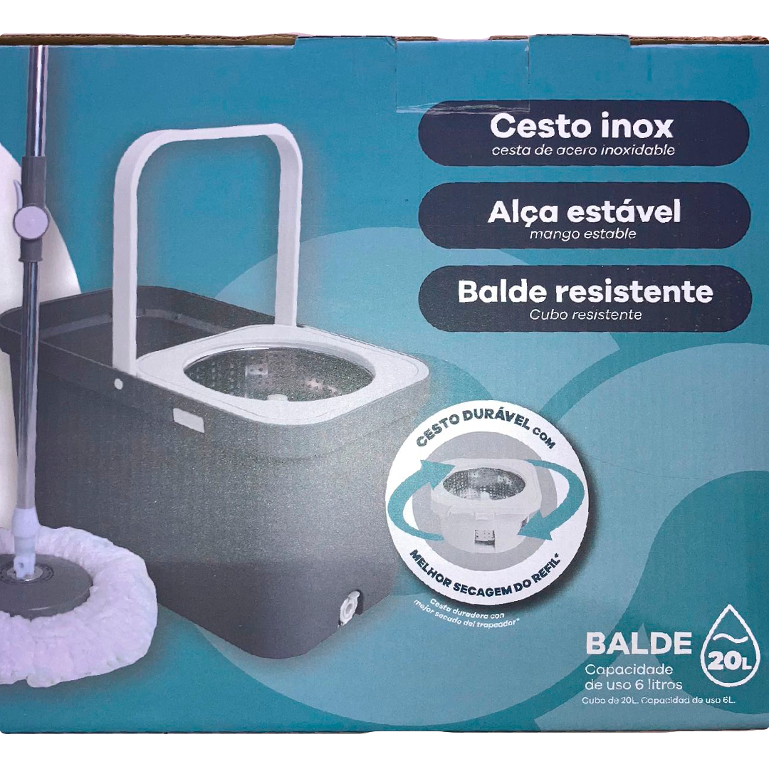 Mop Rotatório Retangular Mood com Cesto Inox 20L e 1 refil Nobre ...