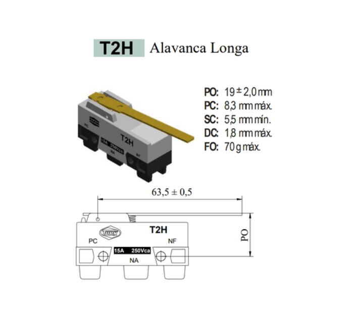 Micro Chave Fim de Curso Alavanca Longa 1NA+1NF 15A 250Vca T2H Turk ...