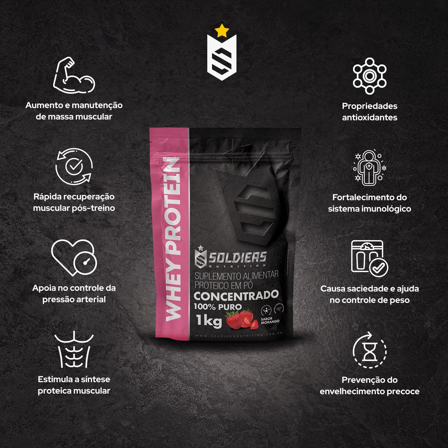 Whey Protein Concentrado 1Kg - Morango- Importado - Soldiers Nutrition - Soldiers Nutrition
