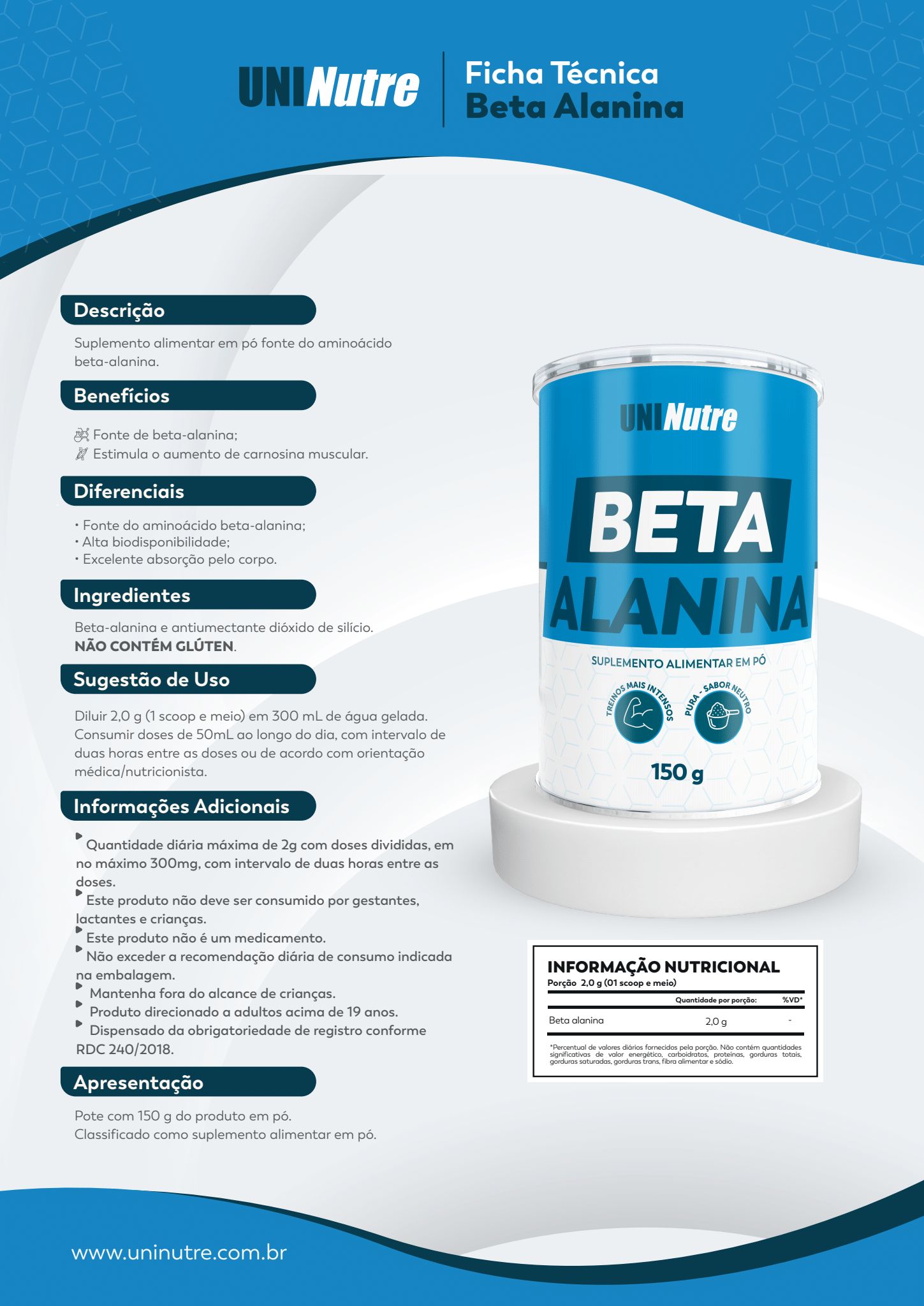 Beta Alanina em pó 150 g - Uninutre