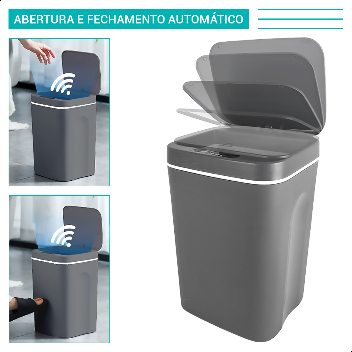 Lixeira Eletrônica Inteligente 16L Cinza a Pilha - 3 Modos - Casa Attract