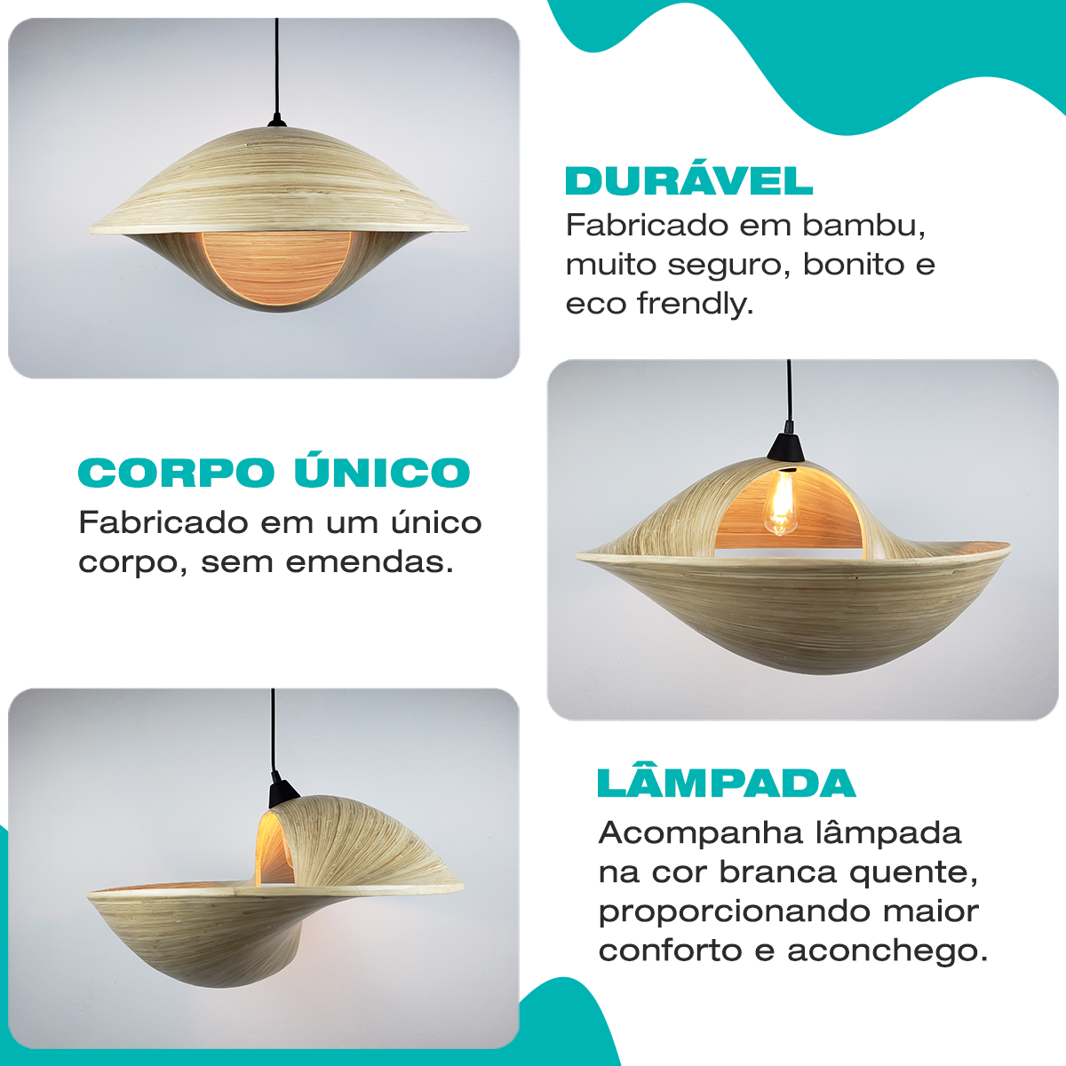 Lustre Rústico Pendente em Bambu Spun - Cannes | LED | 9W | 60cm ...