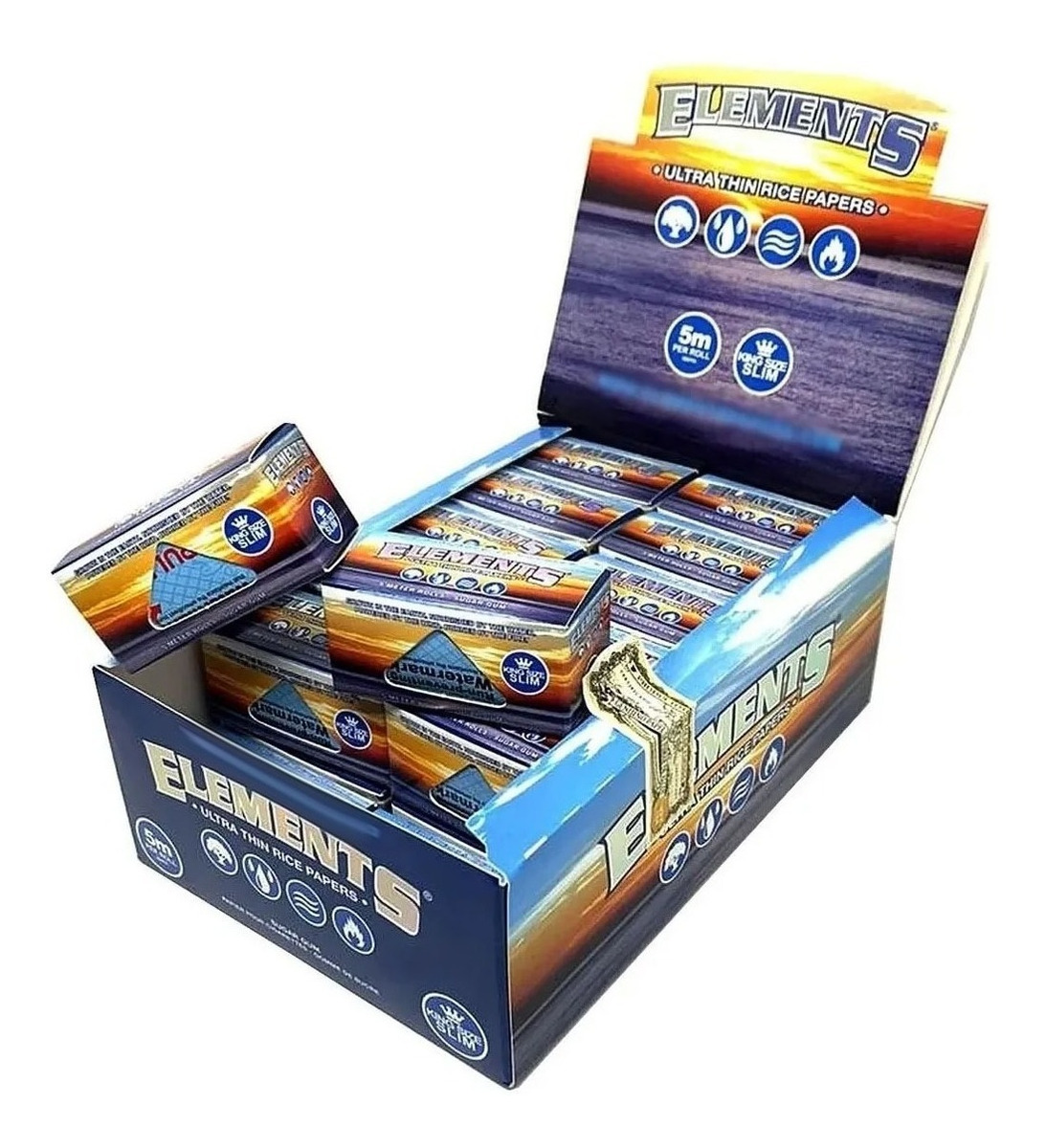 Caixa Seda Elements Azul Rolo King Size Slim Original 5 Mts 24 Livreto ...