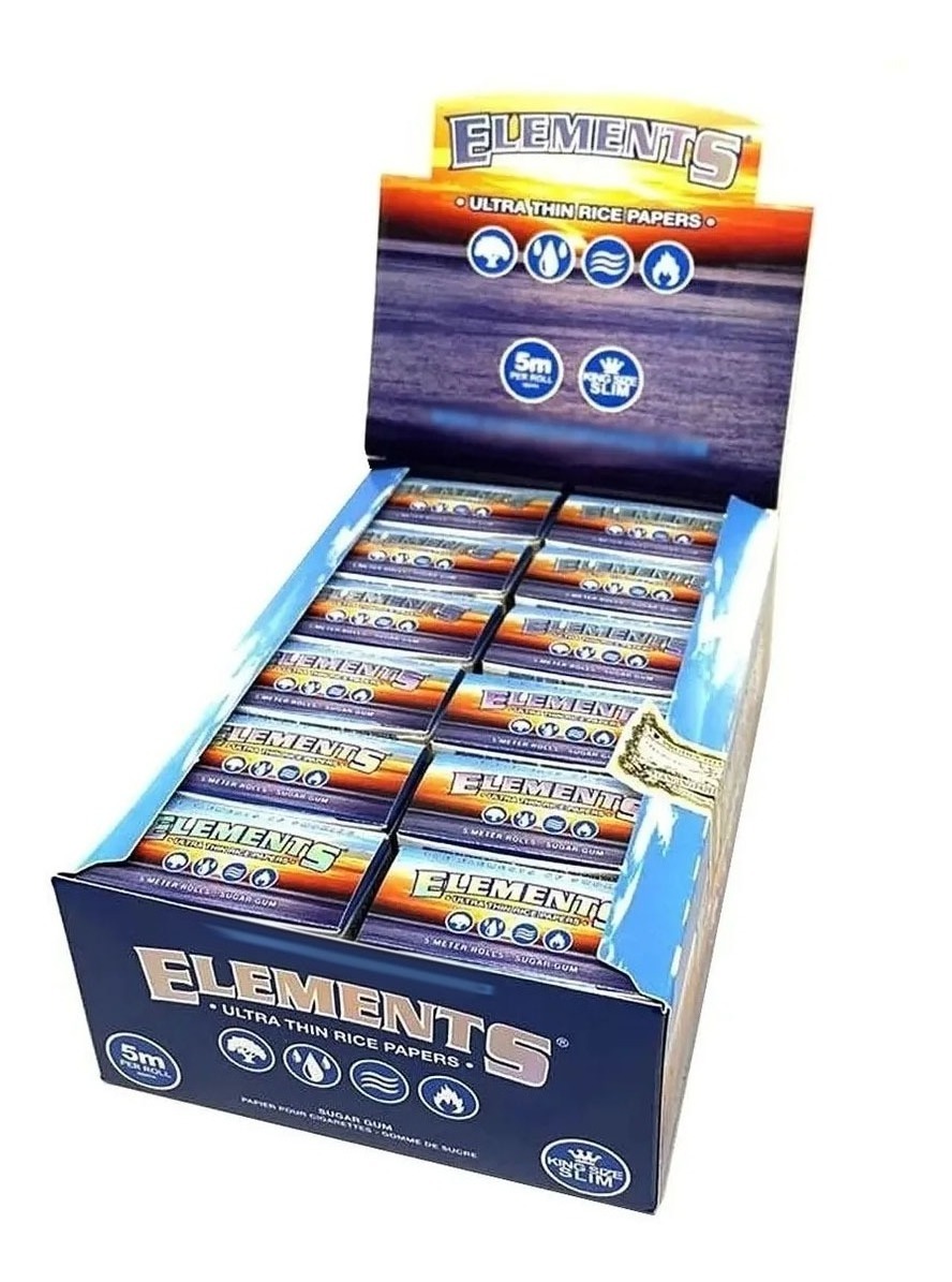Caixa Seda Elements Azul Rolo King Size Slim Original 5 Mts 24 Livreto ...