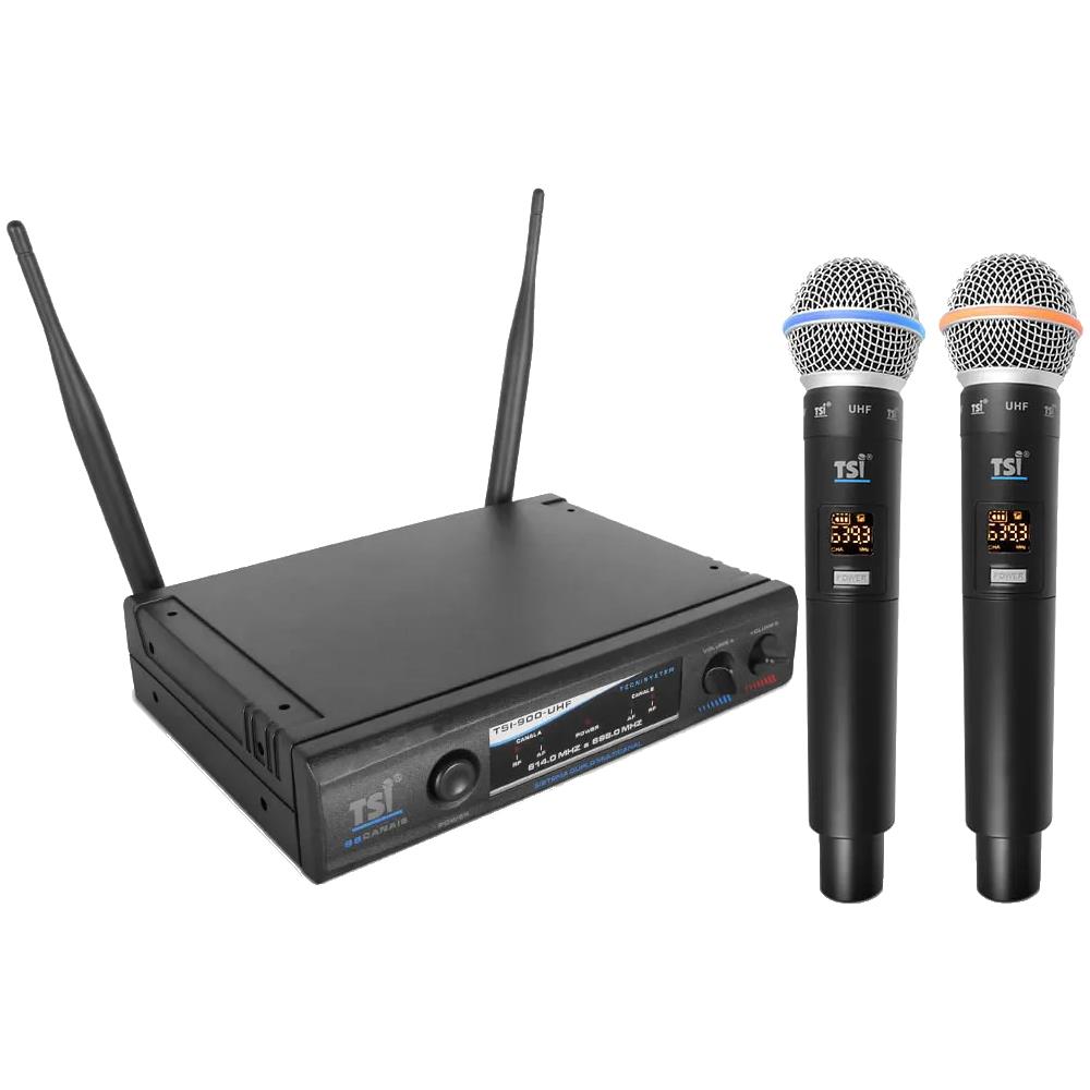 Microfone Profissional Duplo de Mão Sem Fio 900-UHF - TSI - CompreMais