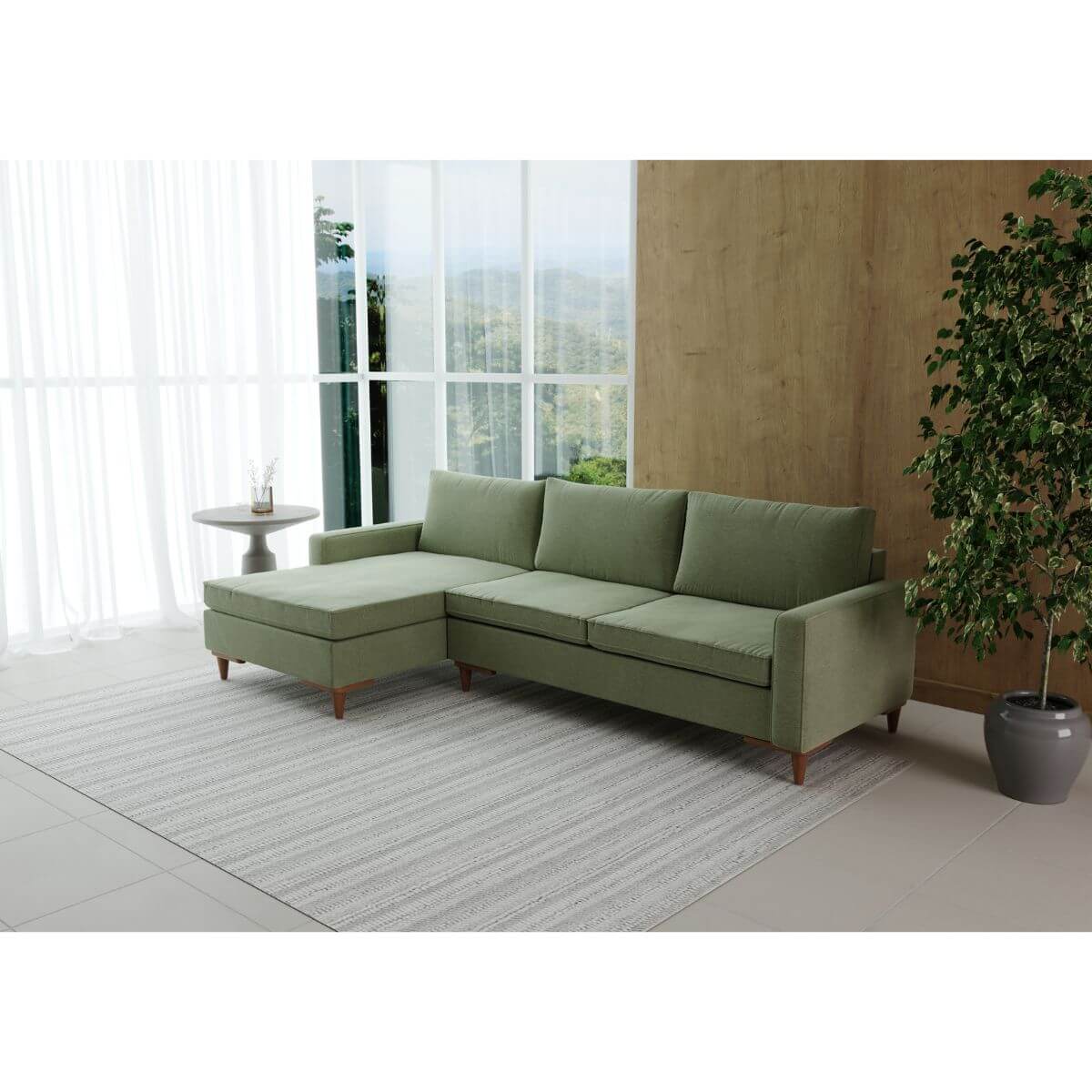 Sofá Living Fixo Chaise Viena 2,70m em Linho Verde Claro - Home Mobily Móveis