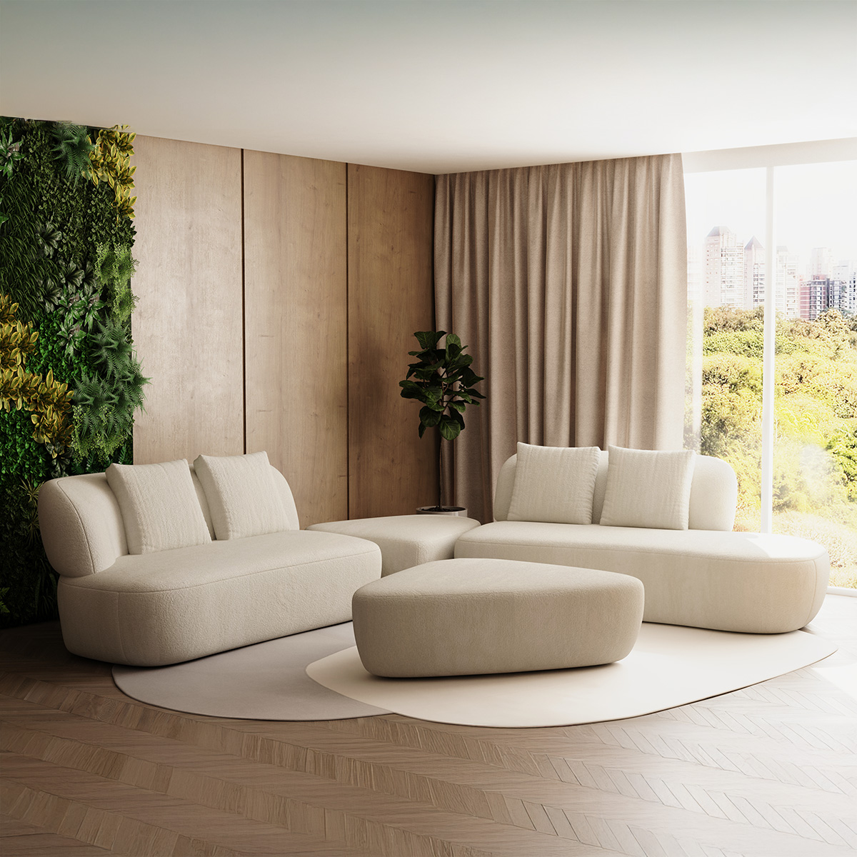 Sofá Living Modulado Canto com Puff 2,60m x 2,90m em Boucle Off White ...