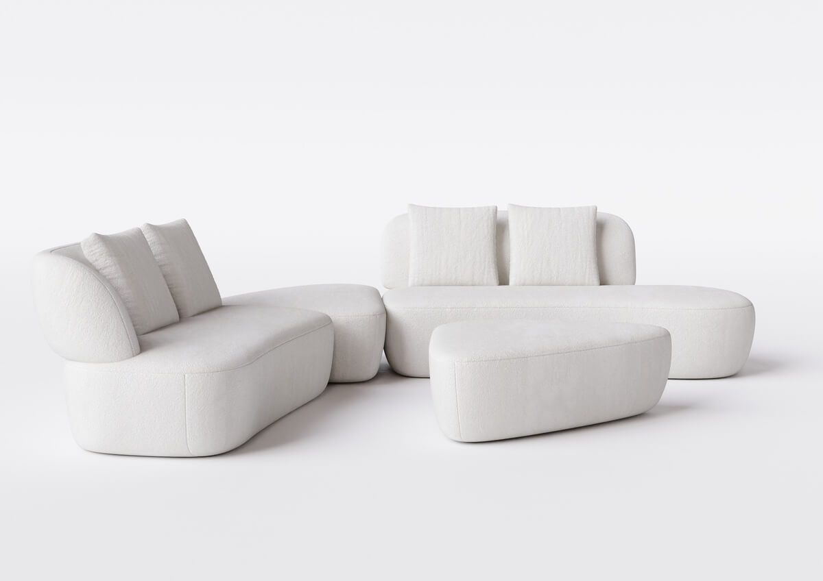 Sofá Living Modulado Canto com Puff 2,60m x 2,90m em Boucle Off White ...