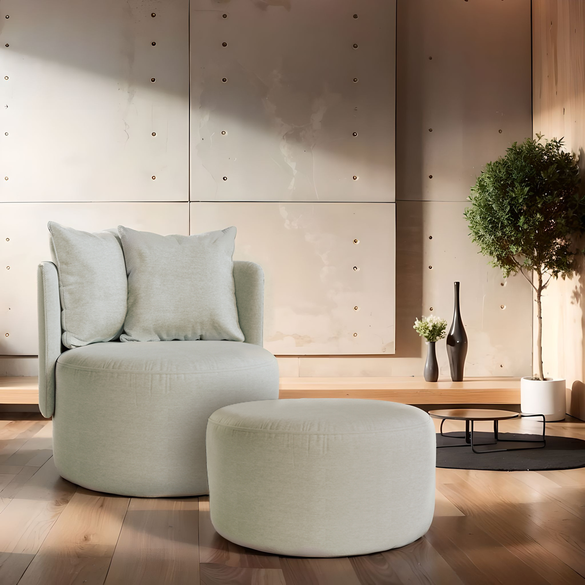 Poltrona Giratória Bangkok com Puff em Linho Off White - Home Mobily Móveis