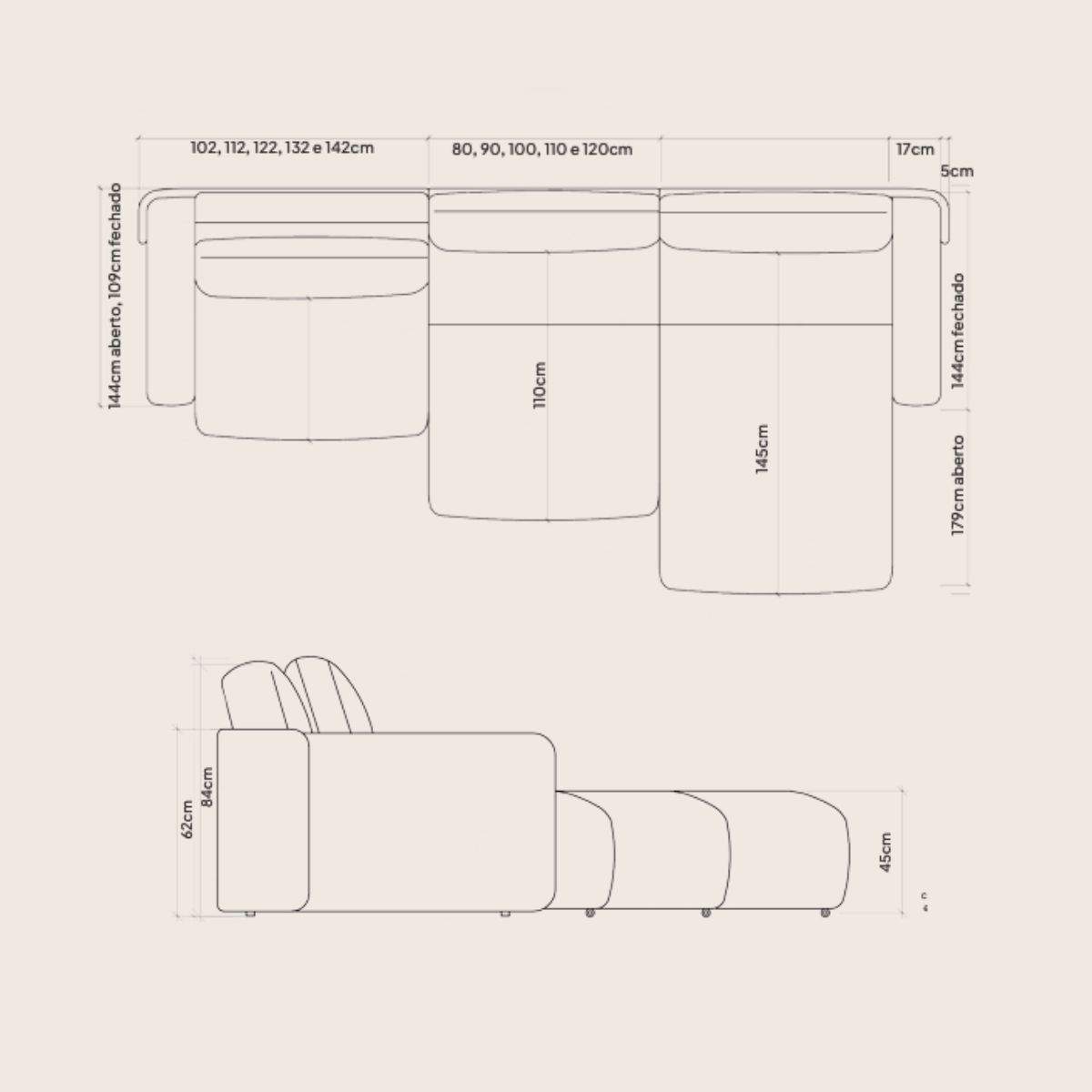 Sofá Cama Ibiza Sem Caixa Super Chaise 2,84m em Linho e Corino - Home Mobily Móveis