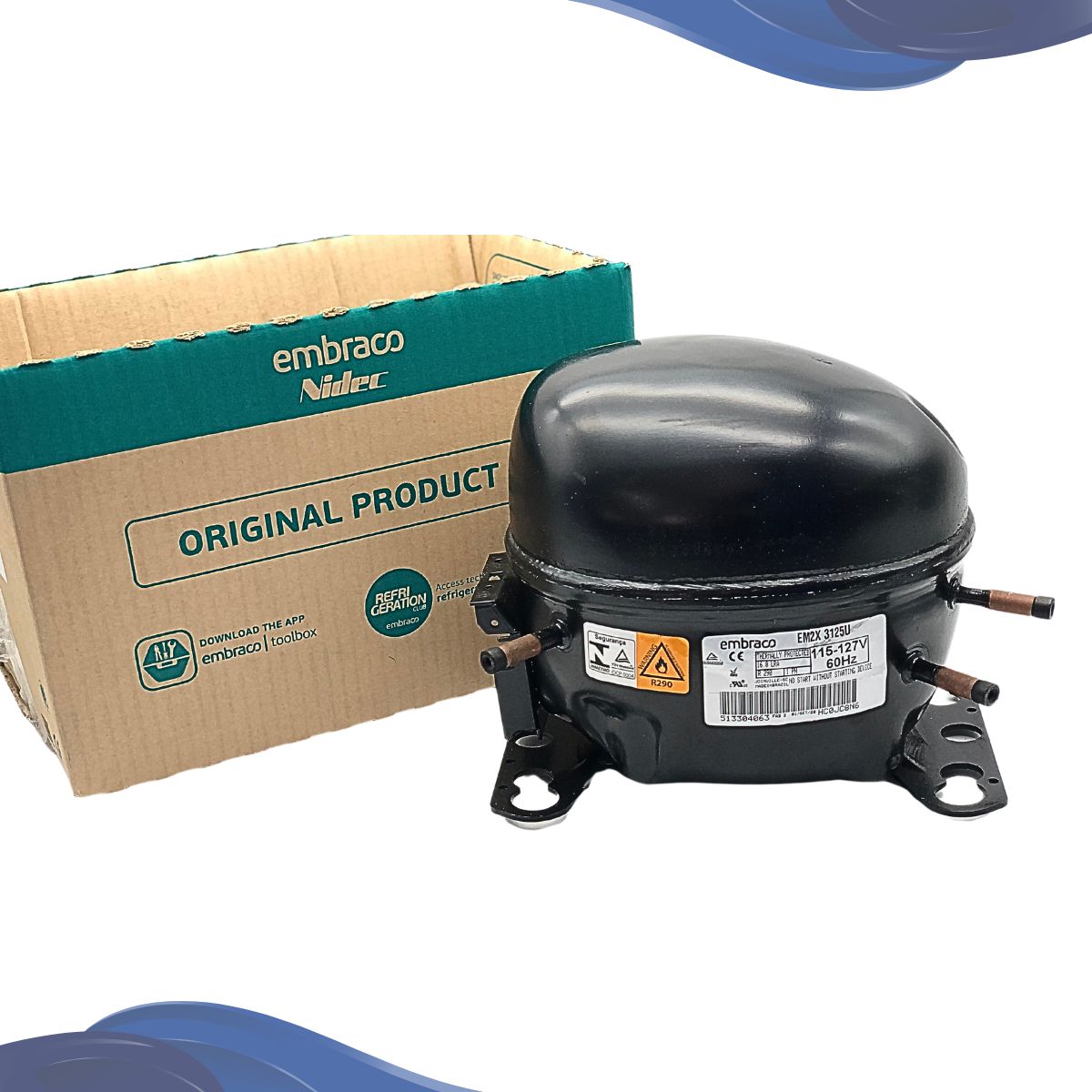 Motor Compressor 1/3+ HP EM2X3125U Embraco Gás R290 110V - Karisfrio