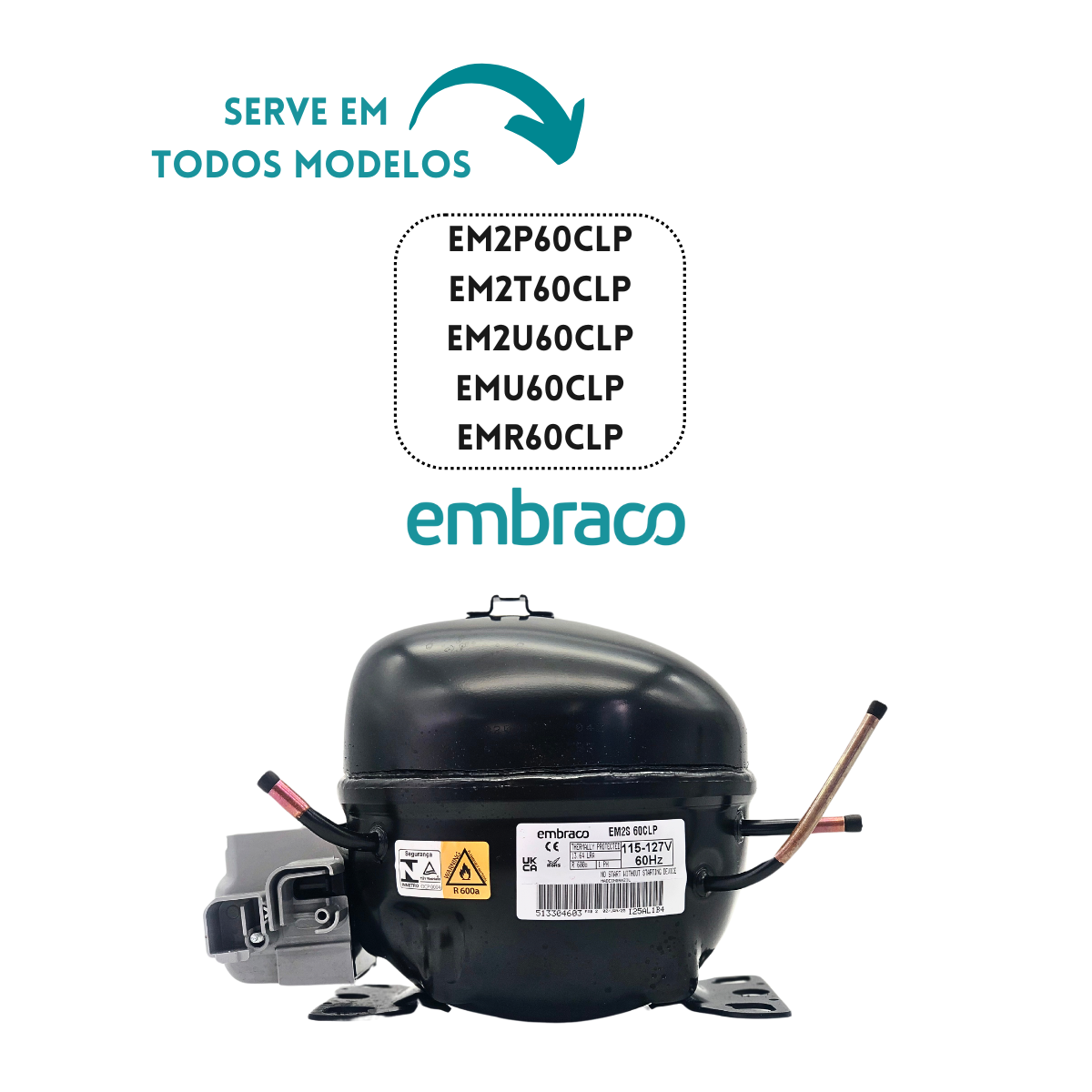 Motor Compressor 1/6 HP EM2S60CLP Gás R600 Embraco 110V - Karisfrio