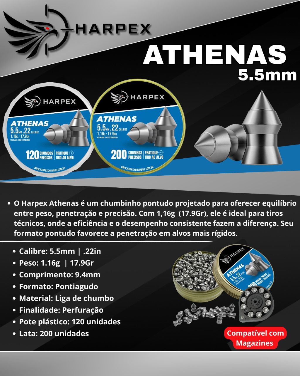 Chumbinho Harpex Athenas para Carabina Pressão 5,5 mm .22 200 Unidades ...