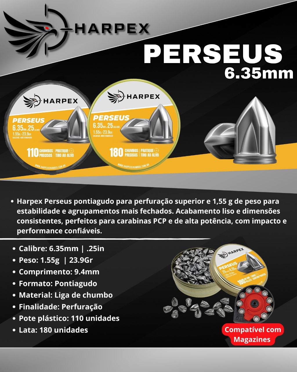 Chumbinho Harpex Perseus para Carabina Pressão 6,35 mm .25 180 Unidades ...