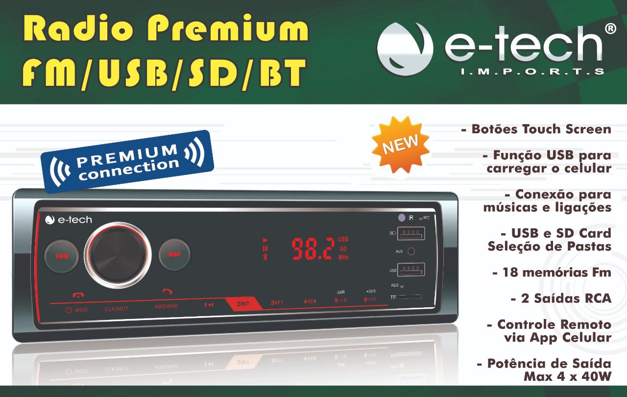 Radio Som Automotivo E-Tech Premium com Bluetooth e Entradas USB e P2 ...