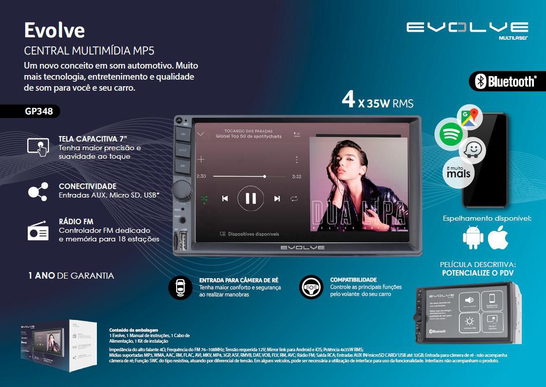 Kit Central Multimídia 7" Polegadas Mp5 Multilaser Evolve GP348 + Mold - Auto Equip
