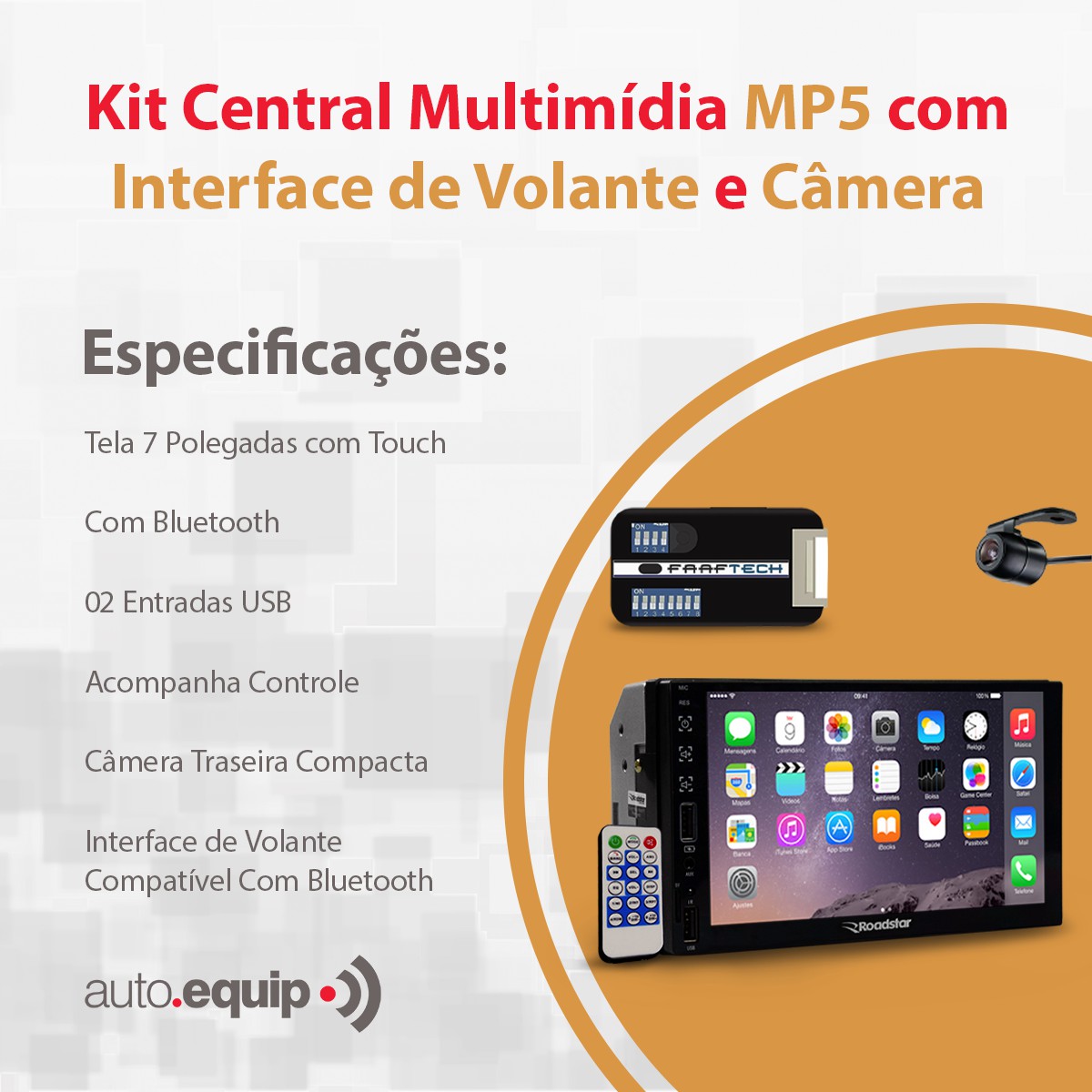 Kit Central Multimídia MP5 Plus s/TV s/ GPS Android e IOS + Interface ...