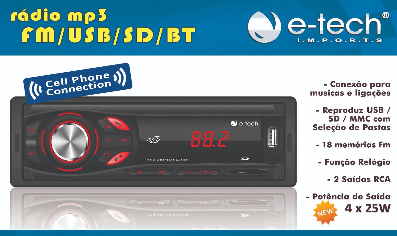 Mp3 Player Automotivo E-Tech Light Bluetooth Usb Sd Aux Rádio Fm Rca E ...