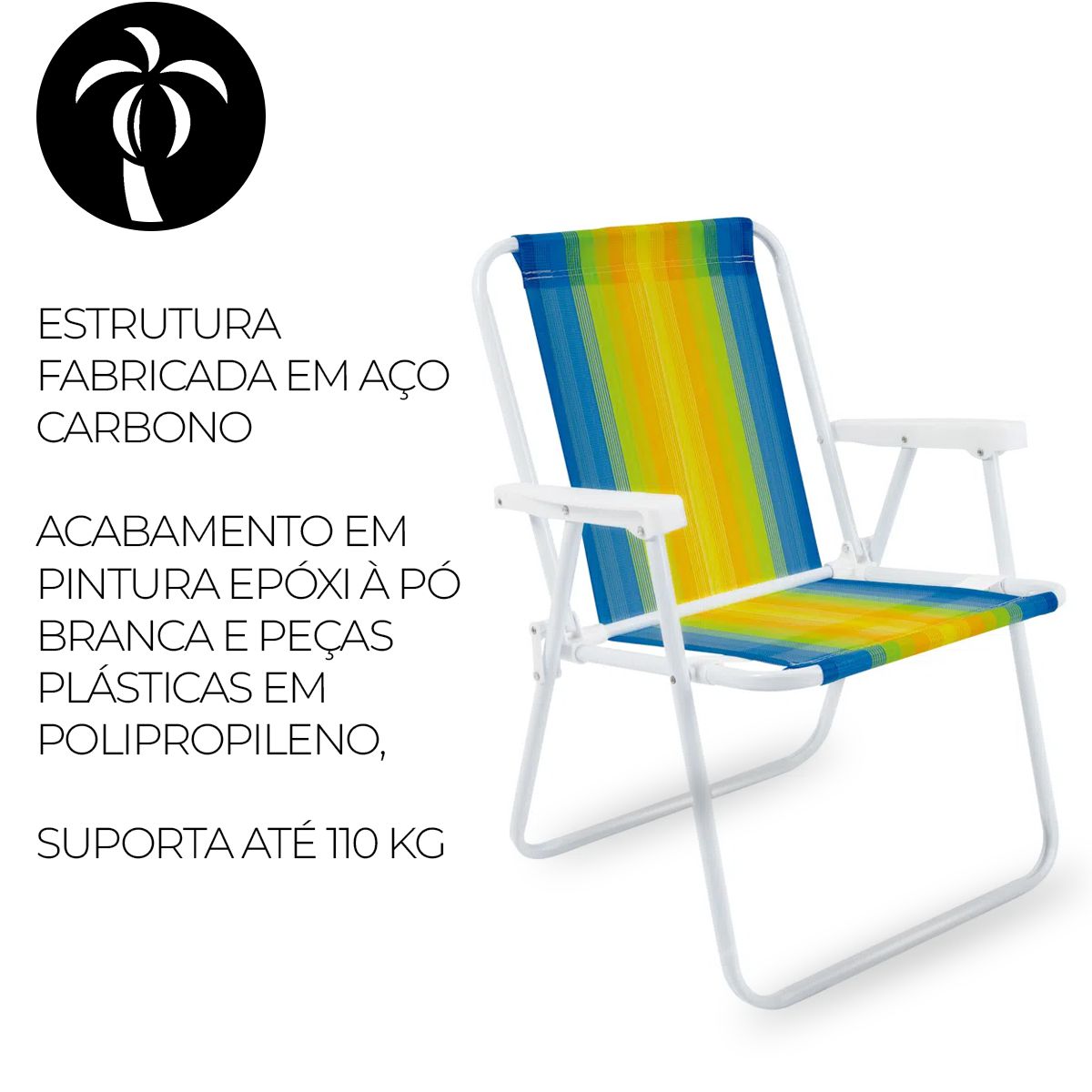 Cadeira De Praia Alta Mor Conforto Azul Amarelo Verde Em Aço Verão 72cm ...