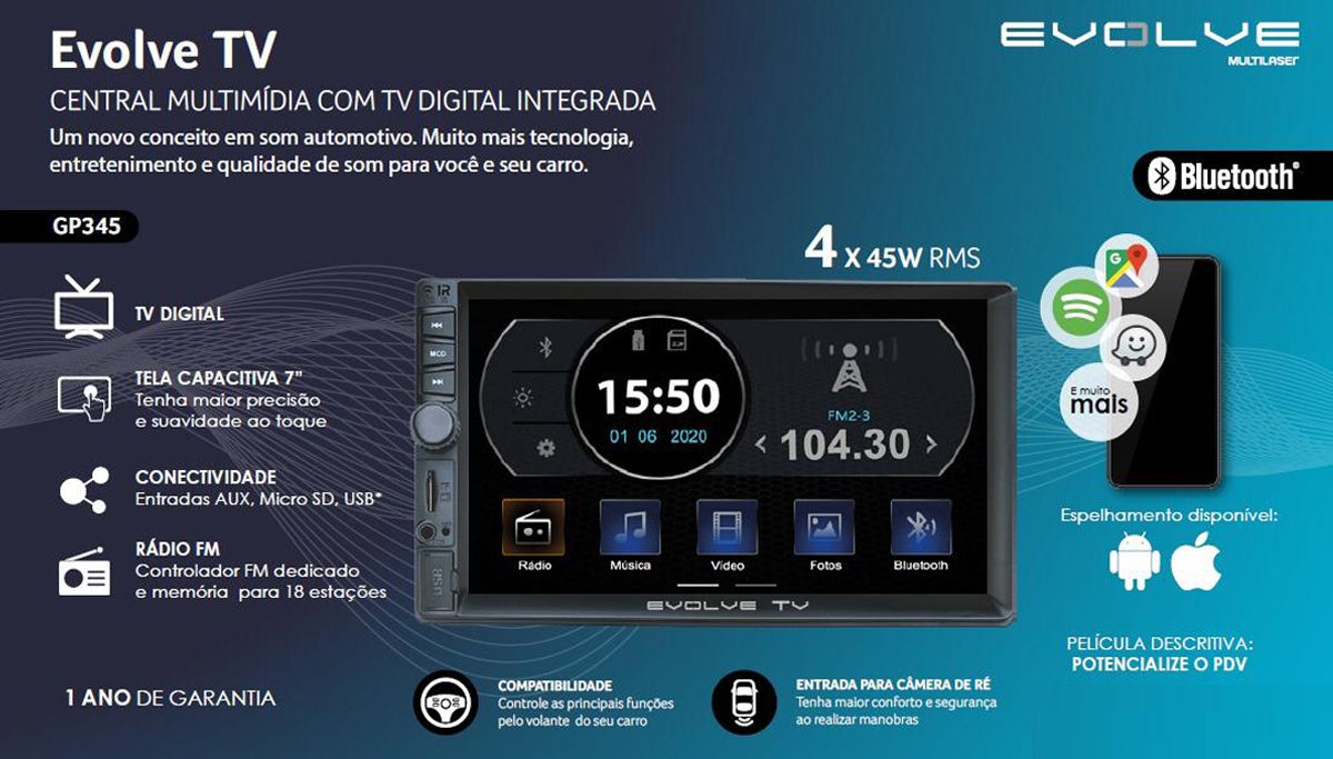 Multimídia DVD Automotivo Evolve GP345 7 Polegadas - Multilaser - Auto Equip