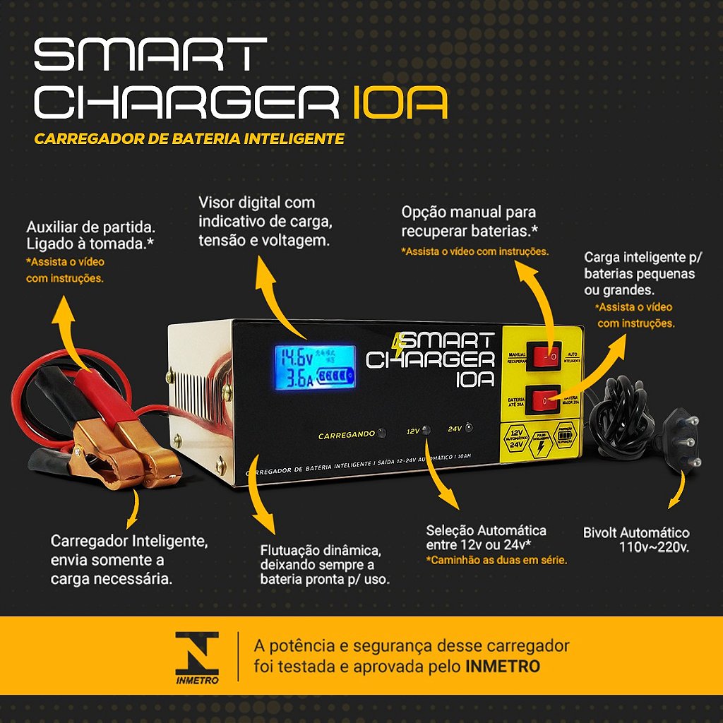 Carregador de Bateria Automotivo Smart Charger 10A Inteligente - Bivolt ...