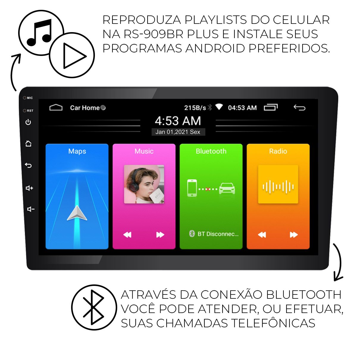 Multimídia Android 9 Polegadas Plus Roadstar Com Processador Quad Core Bluetooth WiFi E GPS ...