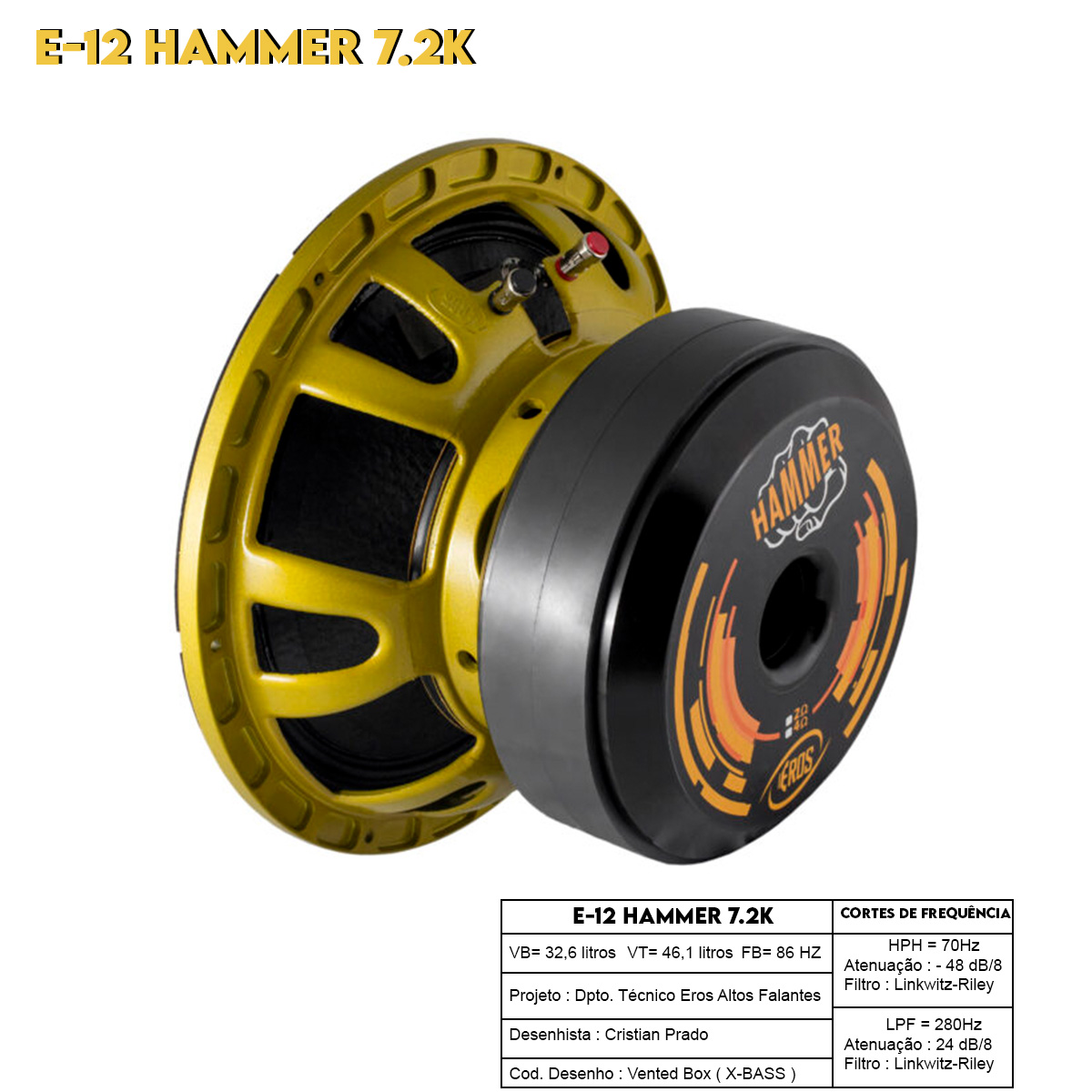 Alto Falante Woofer 12 Polegadas Eros Hammer 7.2K 3.600w RMS 4 Ohms - Auto Equip