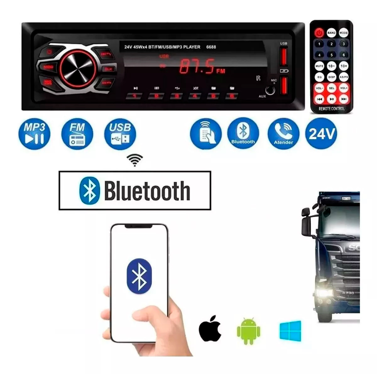 Som Automotivo AM/FM Maxx Audio/First Option 4x25W RMS USB Carregador ...