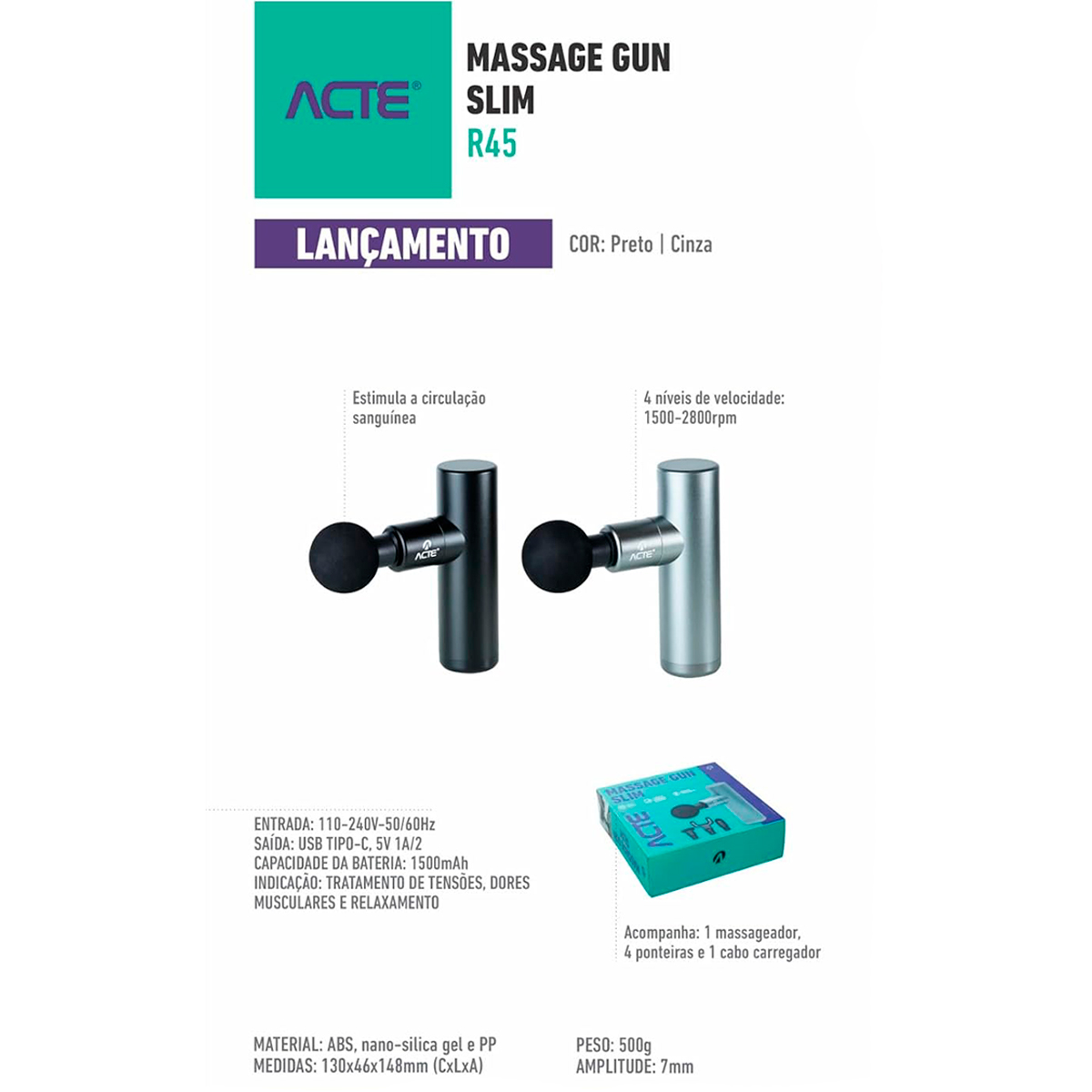 Massageador Portátil Slim Massage Gun R45 Acte Sports Cor Preto 110v ...