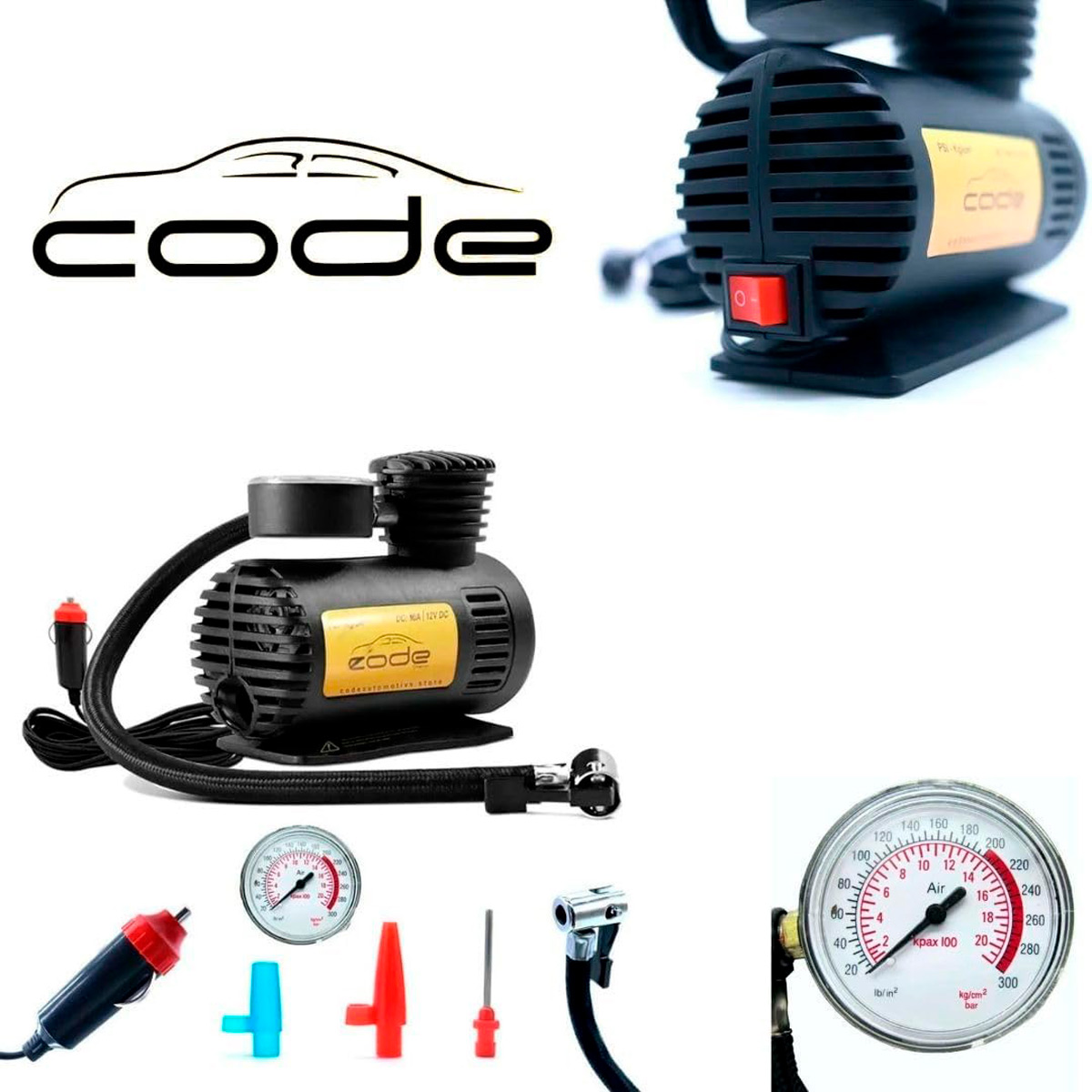 Mini Compressor Ar Portátil 300psi 12V Mangueria 45cm 3 Bicos ...