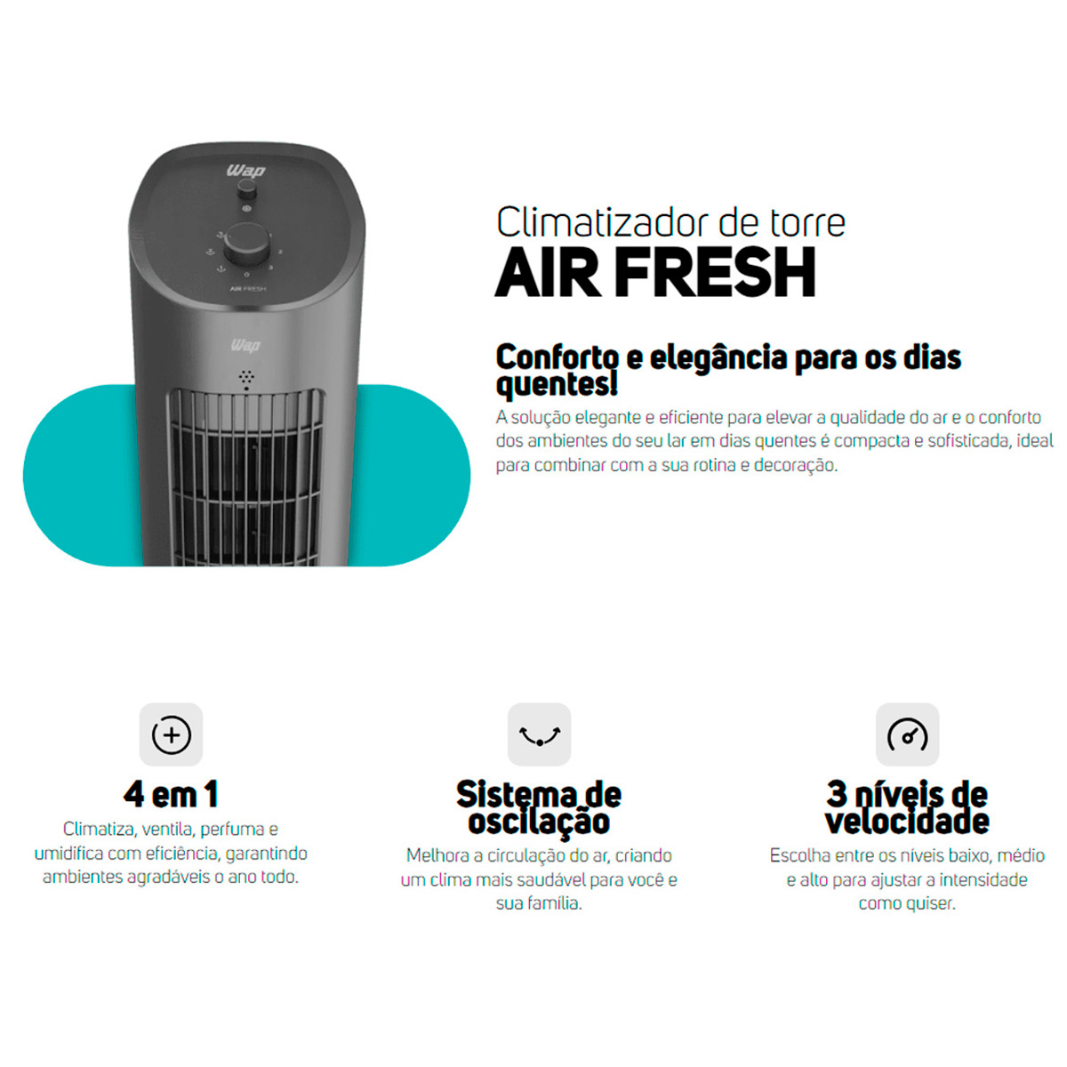 Climatizador Umidificador De Ar Difusor Wap Air Fresh 4 Em 1 De Torre ...