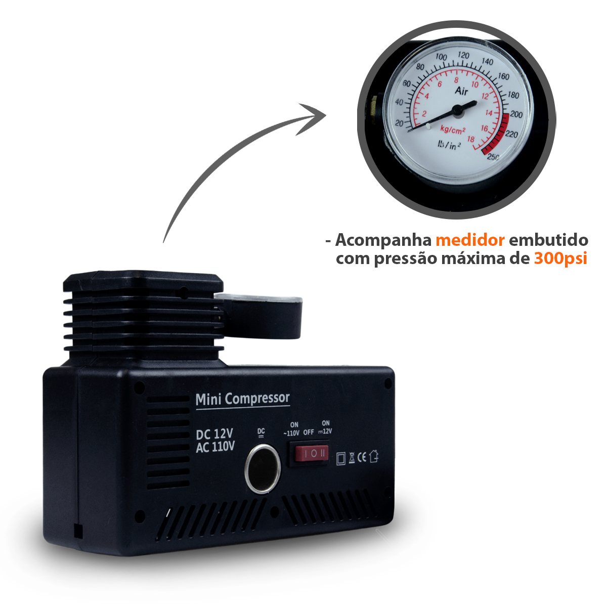 Mini Compressor De Ar 2 Em 1 300psi 30L/min 12V/110V - Importway - Auto ...