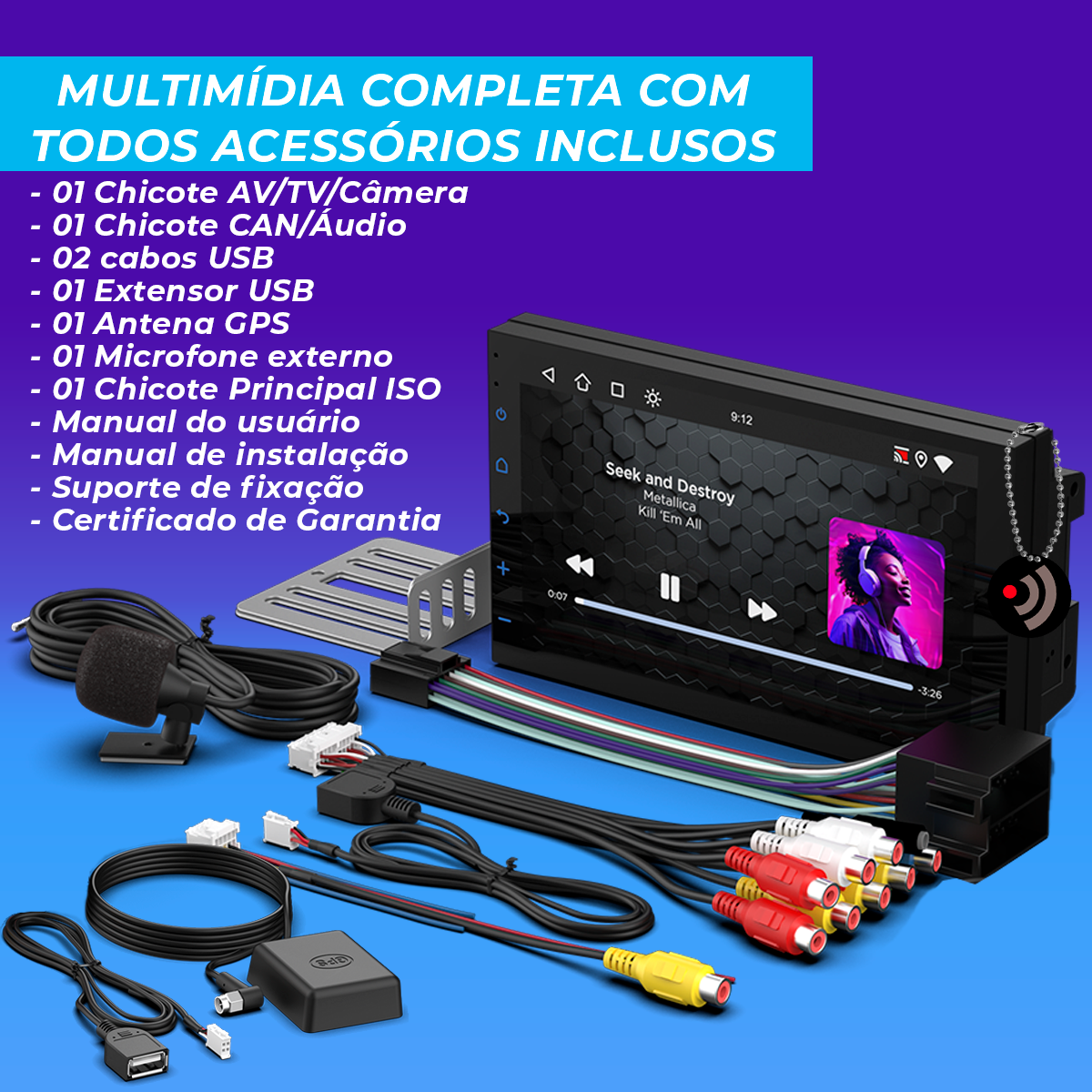 Central Multimídia Android Tela 7 ou 9 Polegadas FT-MM-CMA7/CMA9 2.0 CarPlay Android Auto Sem ...