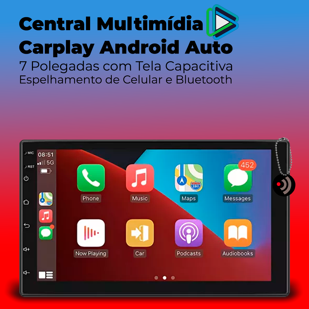 Central Multimídia 7 Polegadas CarPlay/Android Auto + Moldura 2 Din Kia Sportage Cerato Preta ...