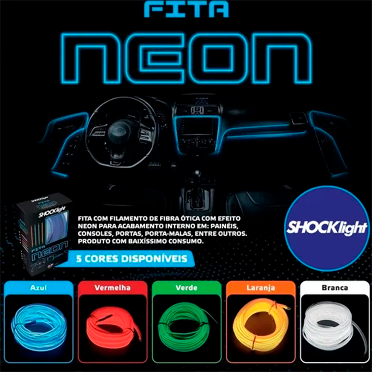 Fita LED Neon Luz Interna Automotiva para Painel Carro Tuning 1 2 3 5 ...