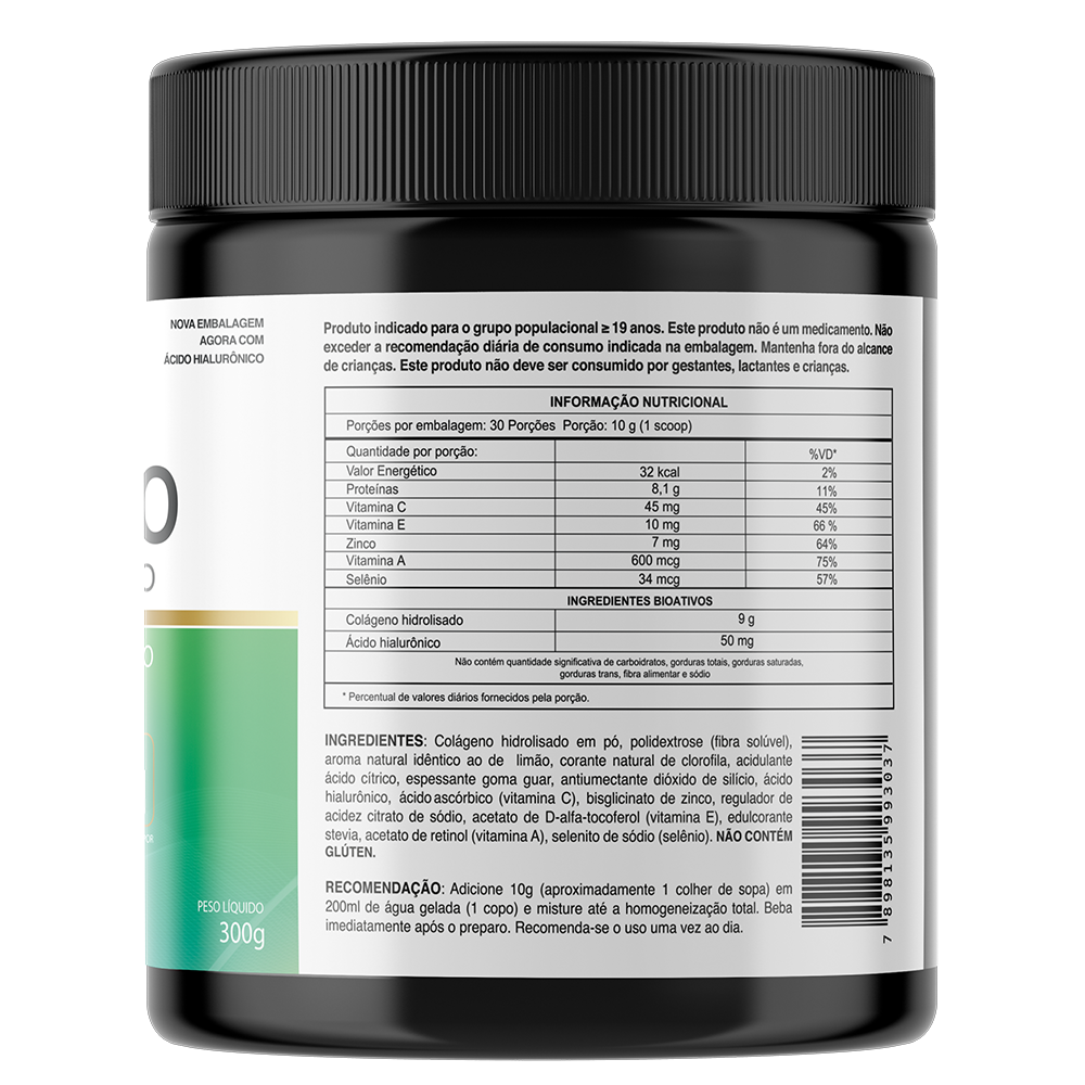 Colágeno 9g com ácido hialurônico, vitamina A, C, E selênio e zinco ...