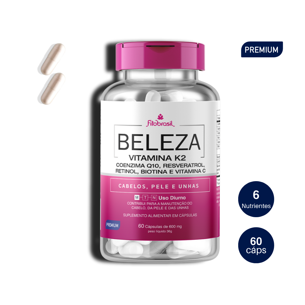 Beleza K2 - Vitamina K2, Coenzima Q10, Resveratrol, Retinol, Biotina e Vitamina C - 60 cápsulas ...