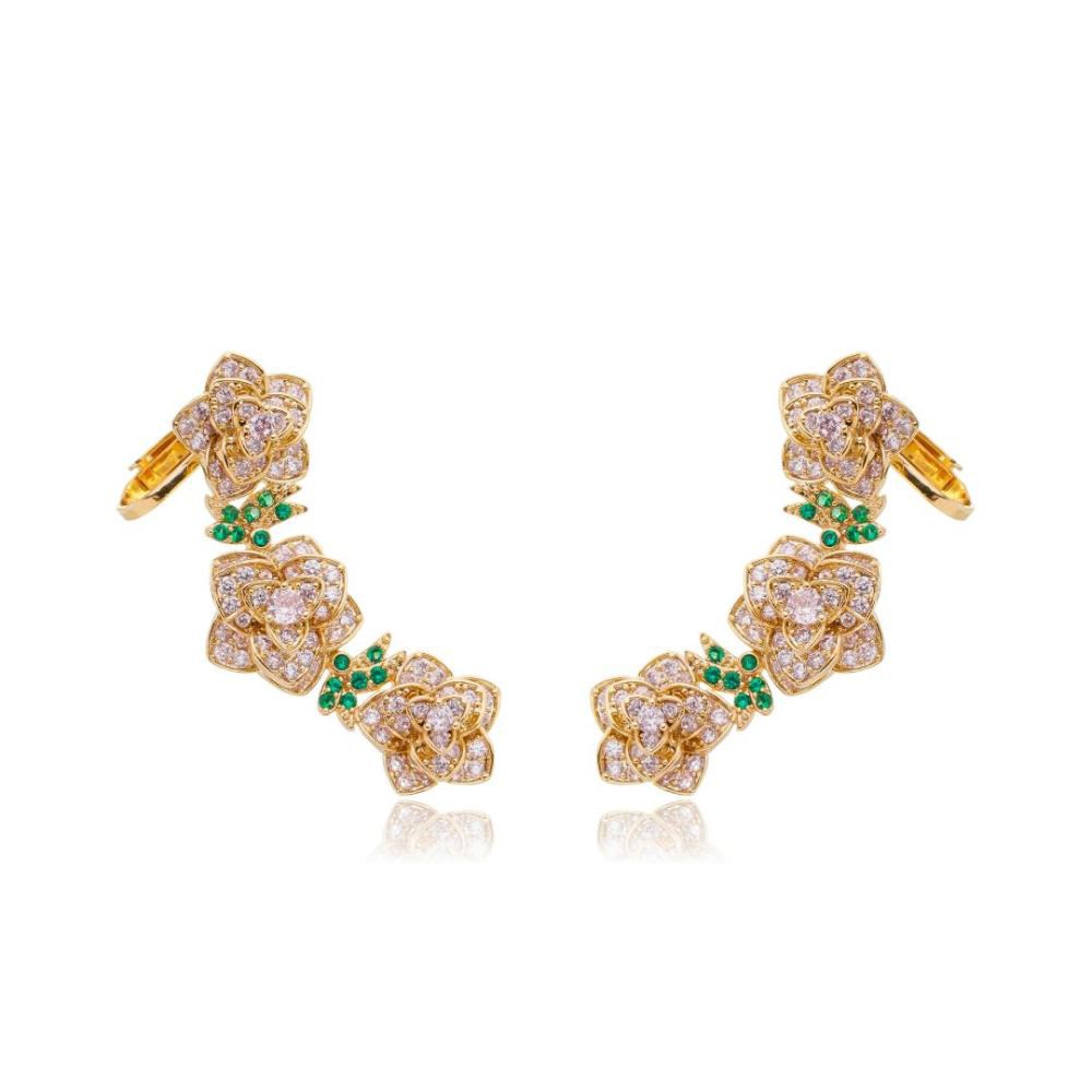 Ear cuff flores Cravejado com zircônias rosas e esmeraldas banho ouro - Antonioli Semijoias
